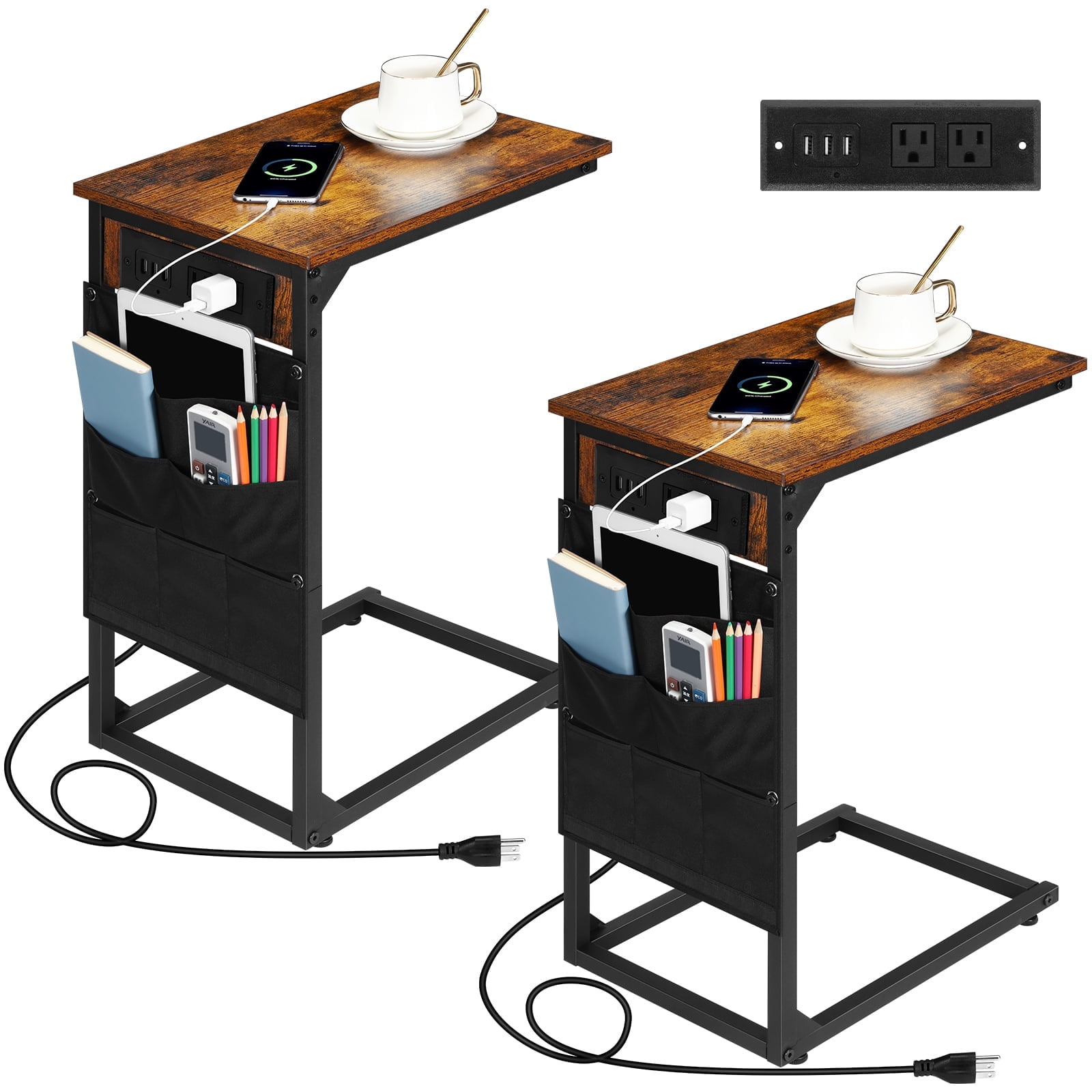 Set of 2 C-Shaped Side Tables with Charging Station - Sofa Slide-Under ...
