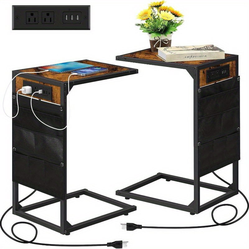 Set of 2 C-Shaped Side Tables with Charging Station – Tall Sofa Tables ...
