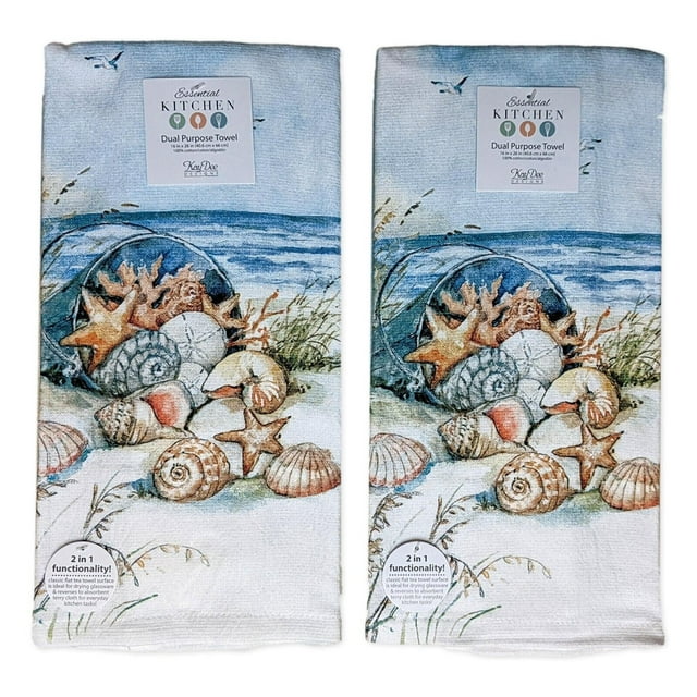 Set of 2 COASTAL SANCTUARY Beach Bucket Terry Kitchen Towels by Kay Dee ...