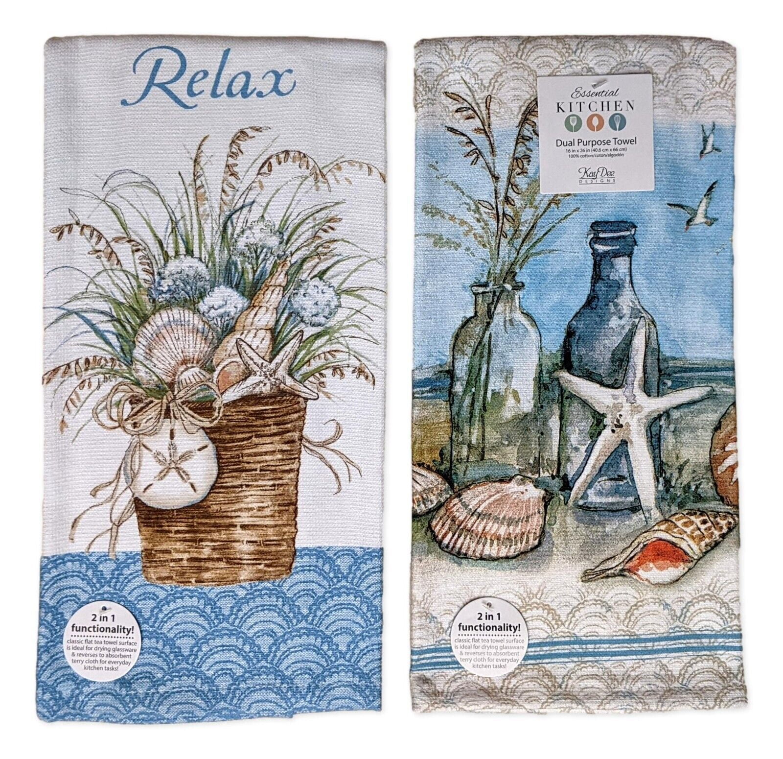 Set of 2 COASTAL SANCTUARY Bottles & Basket Terry Kitchen Towels Kay ...