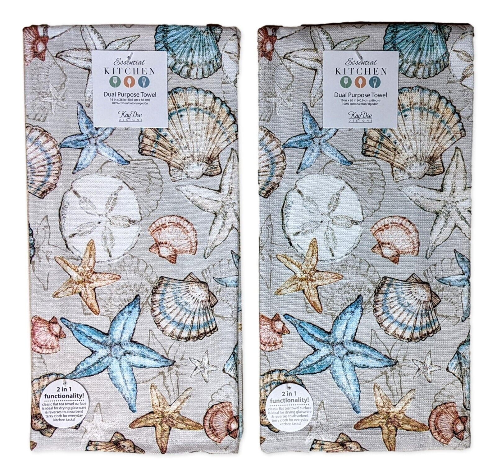 Set of 2 COASTAL SANCTUARY Sea Shell Toss Terry Kitchen Towels, Kay Dee ...
