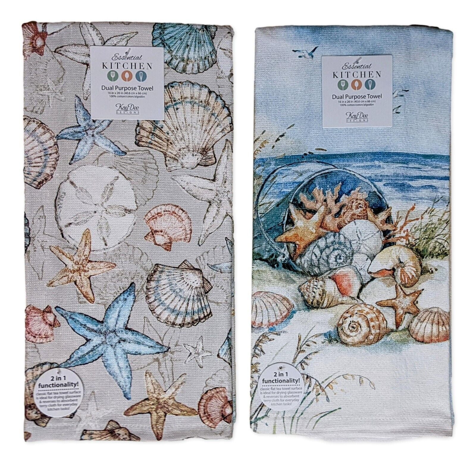 Set of 2 COASTAL SANCTUARY Sea Shells Terry Kitchen Towels by Kay Dee ...