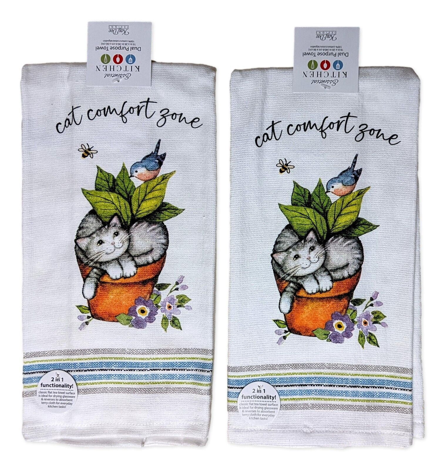 Set of 2 CURIOUS KITTENS Cat Comfort Zone Terry Kitchen Towels, Kay Dee ...