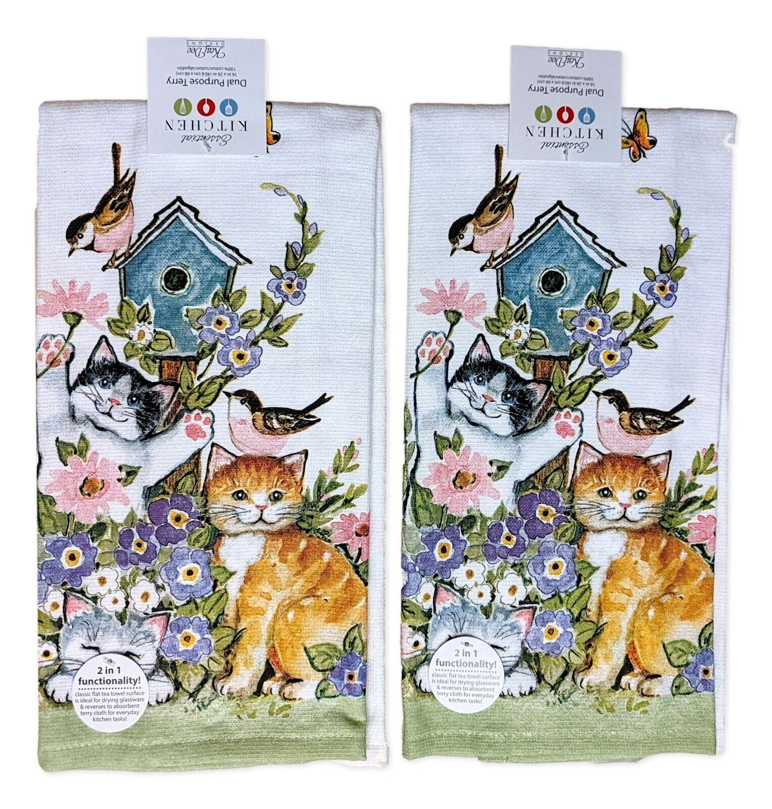 Set of 2 CURIOUS KITTENS Playful Garden Terry Kitchen Towels by Kay Dee ...