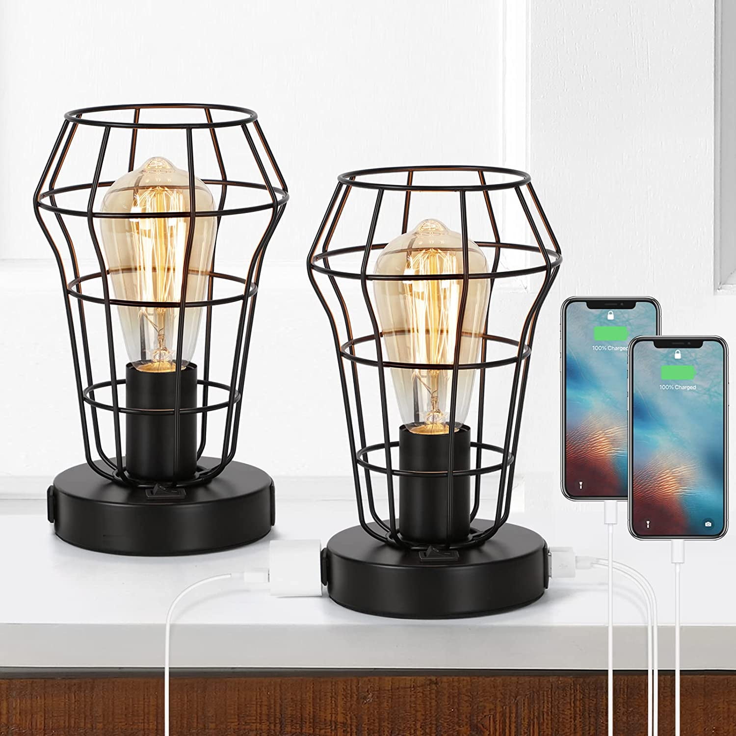 Set of 2 Cage Desk Lamps Industrial Table Lamp with USB Ports and ...