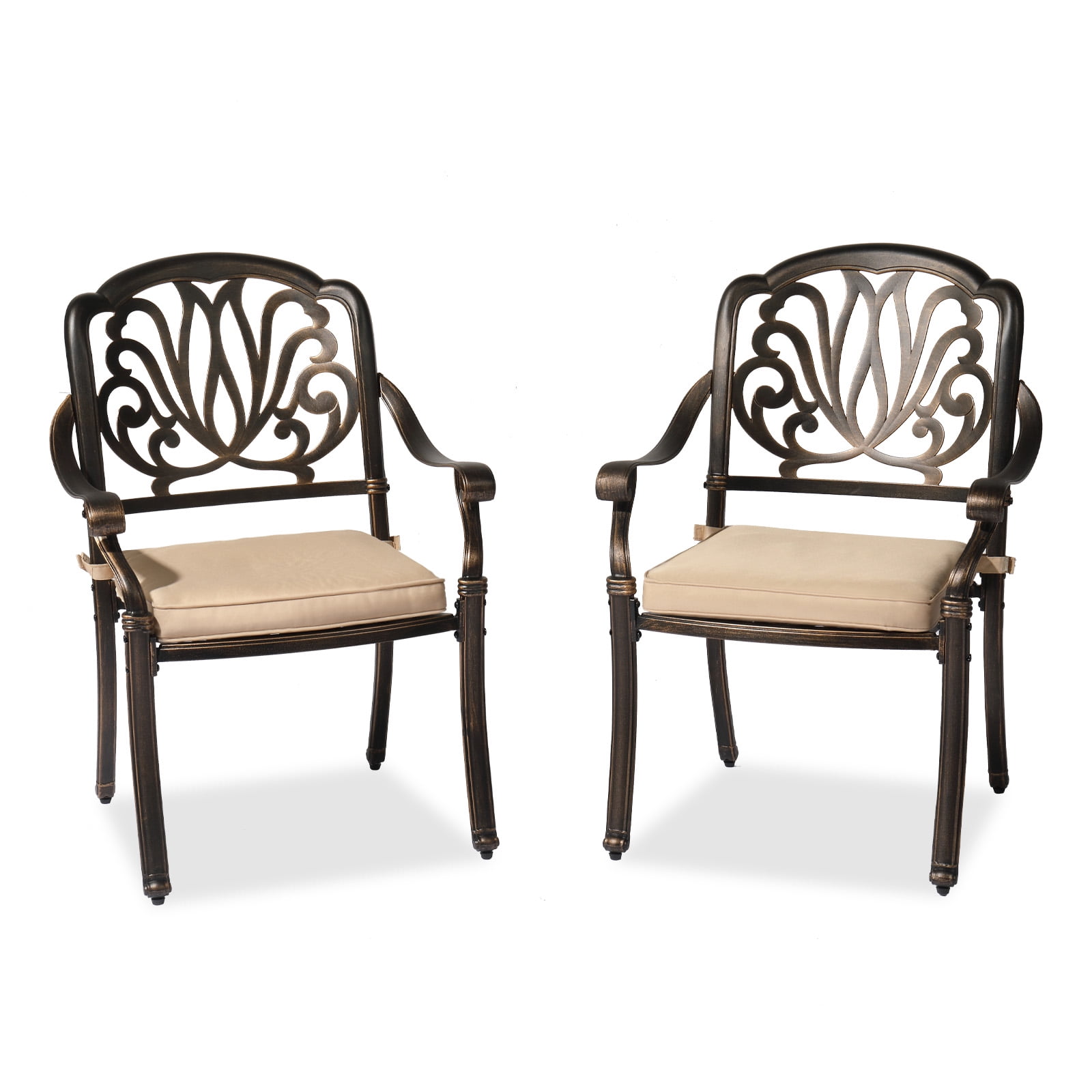 Set of 2 Cast Aluminum Patio Dining Chairs with Cushions, Stackable ...