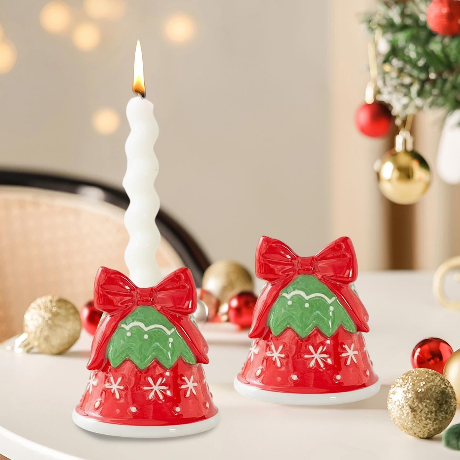 Set of 2 Ceramic Candle Holders with Bow and Bell Designs for Tabletop ...