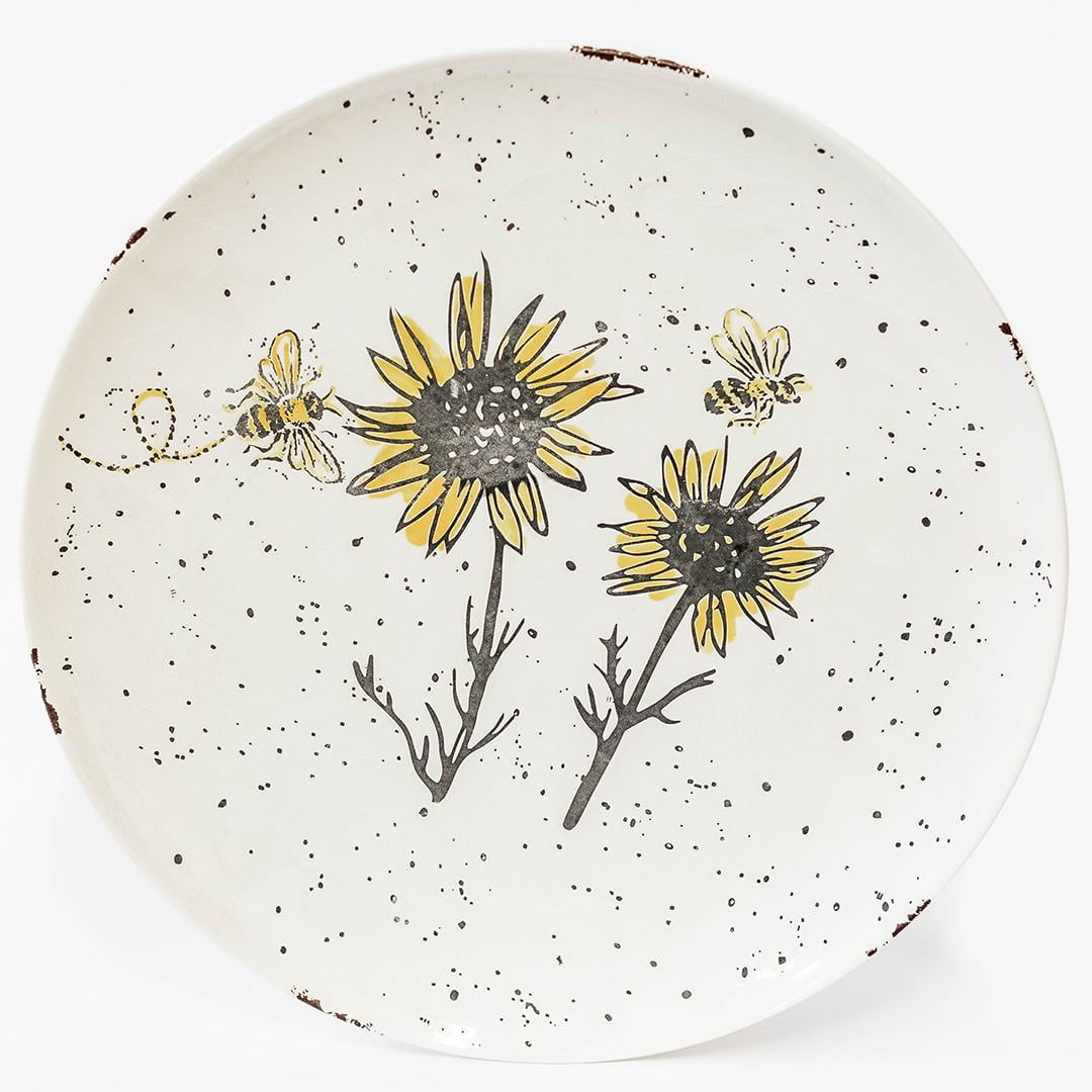 Set of 2 Ceramic Speckled With Bees And Sunflowers Serving Plate ...