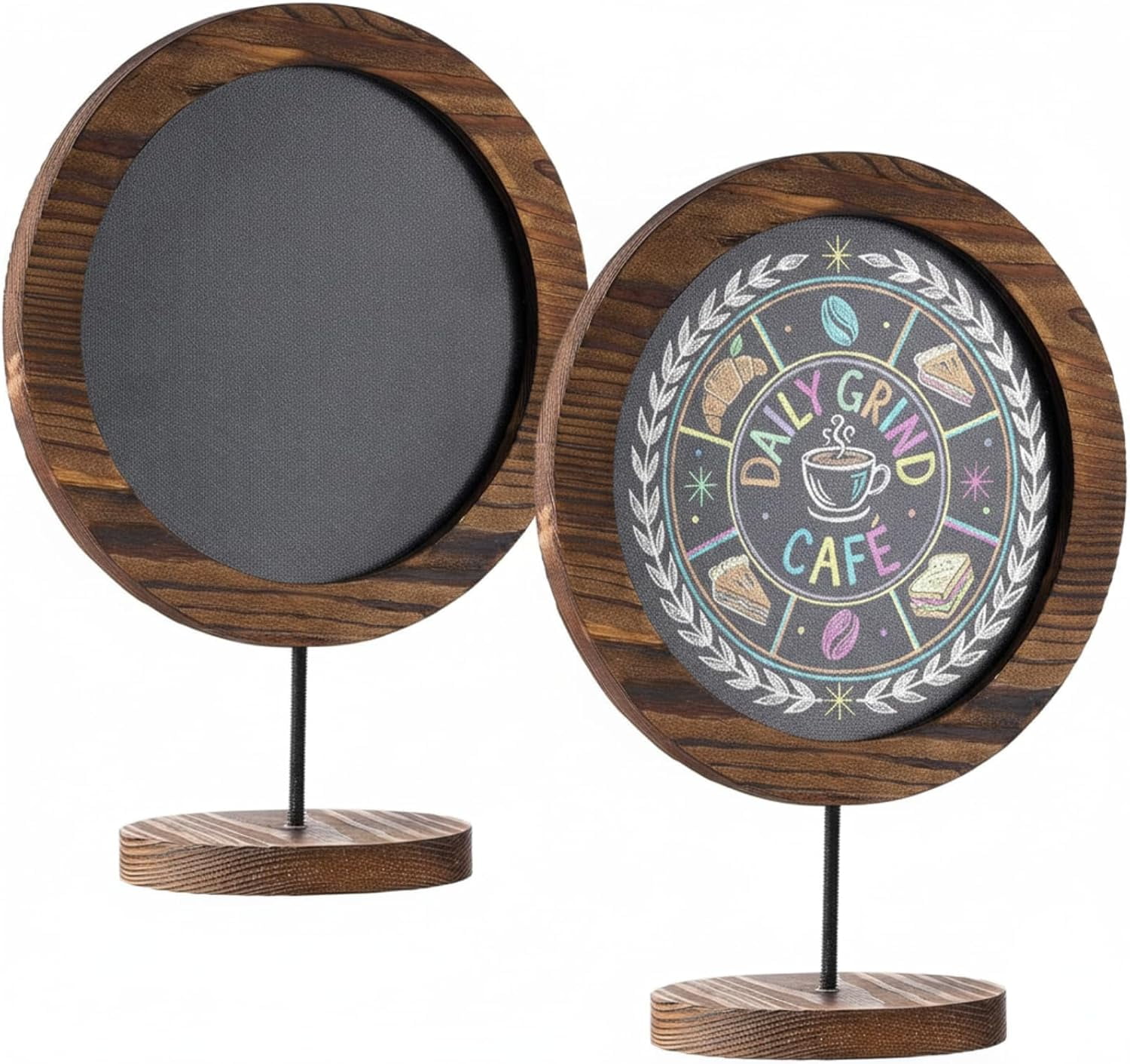 Set of 2 Chalkboard Signs with Round Wooden Frame and Base, 8-Inch ...
