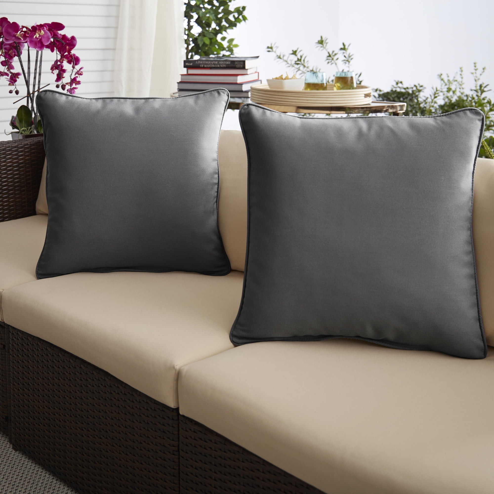 Set of 2 Charcoal Gray Corded Indoor and Outdoor Decorative Square ...