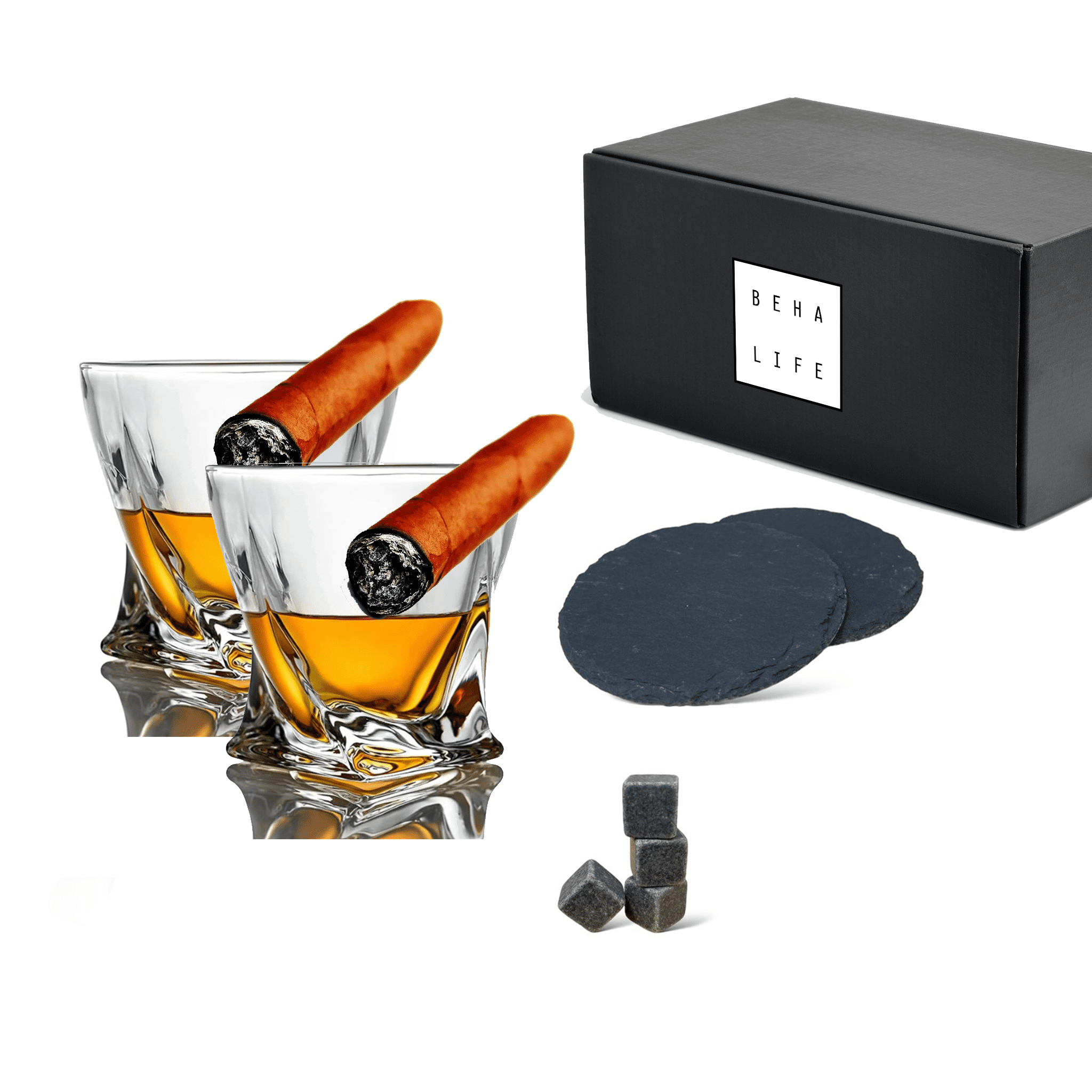 Set of 2 Cigar Glasses with 2 Stone Coasters and 4 Whiskey Stones ...