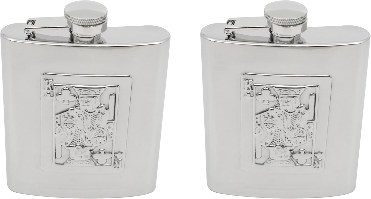 Set of 2 Classic Stainless Steel Pocket Hip Flasks (King of Clubs, 8 oz ...