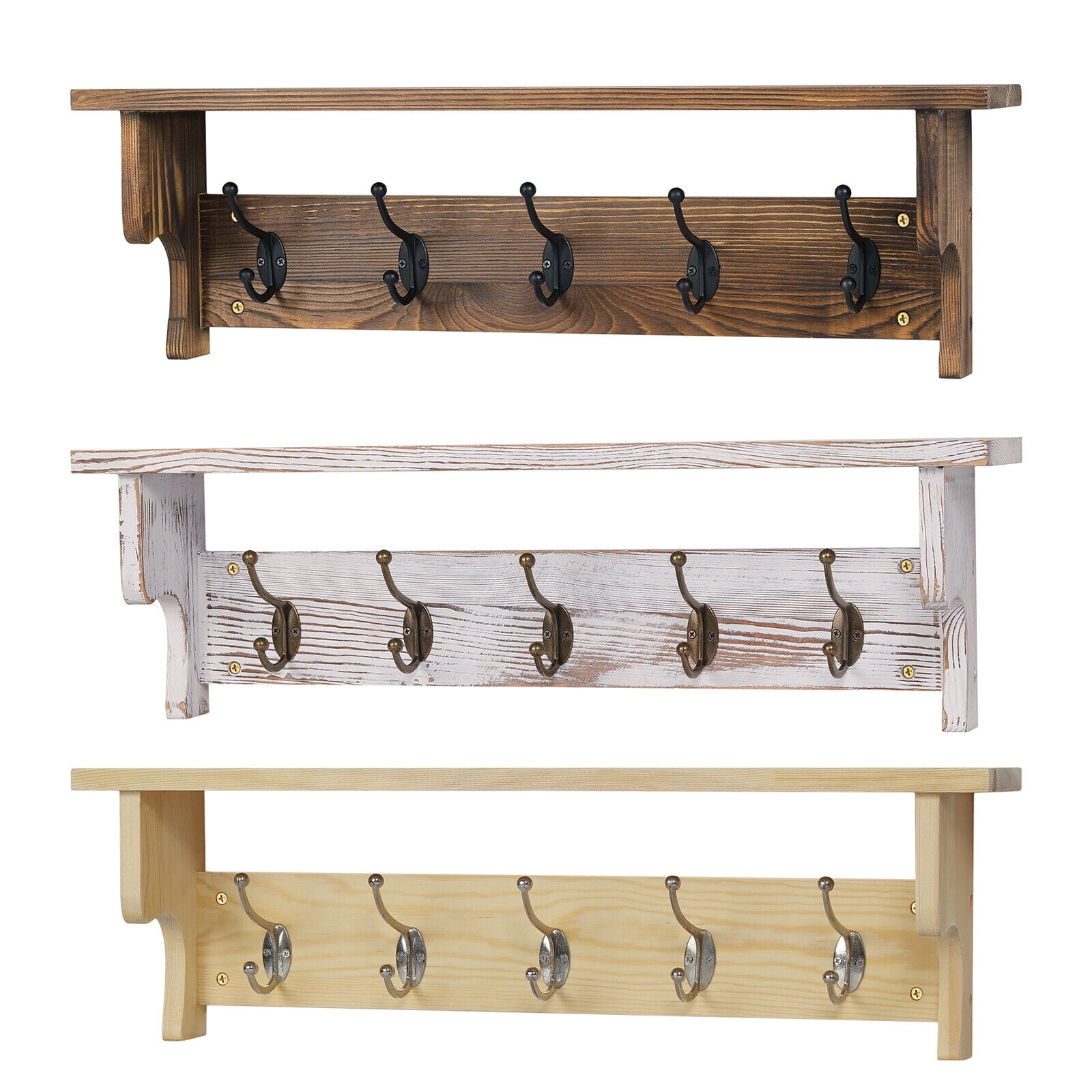 Set of 2 Coat Hooks Wall Mount with Shelf 26inch Rustic Wood Coat Rack ...