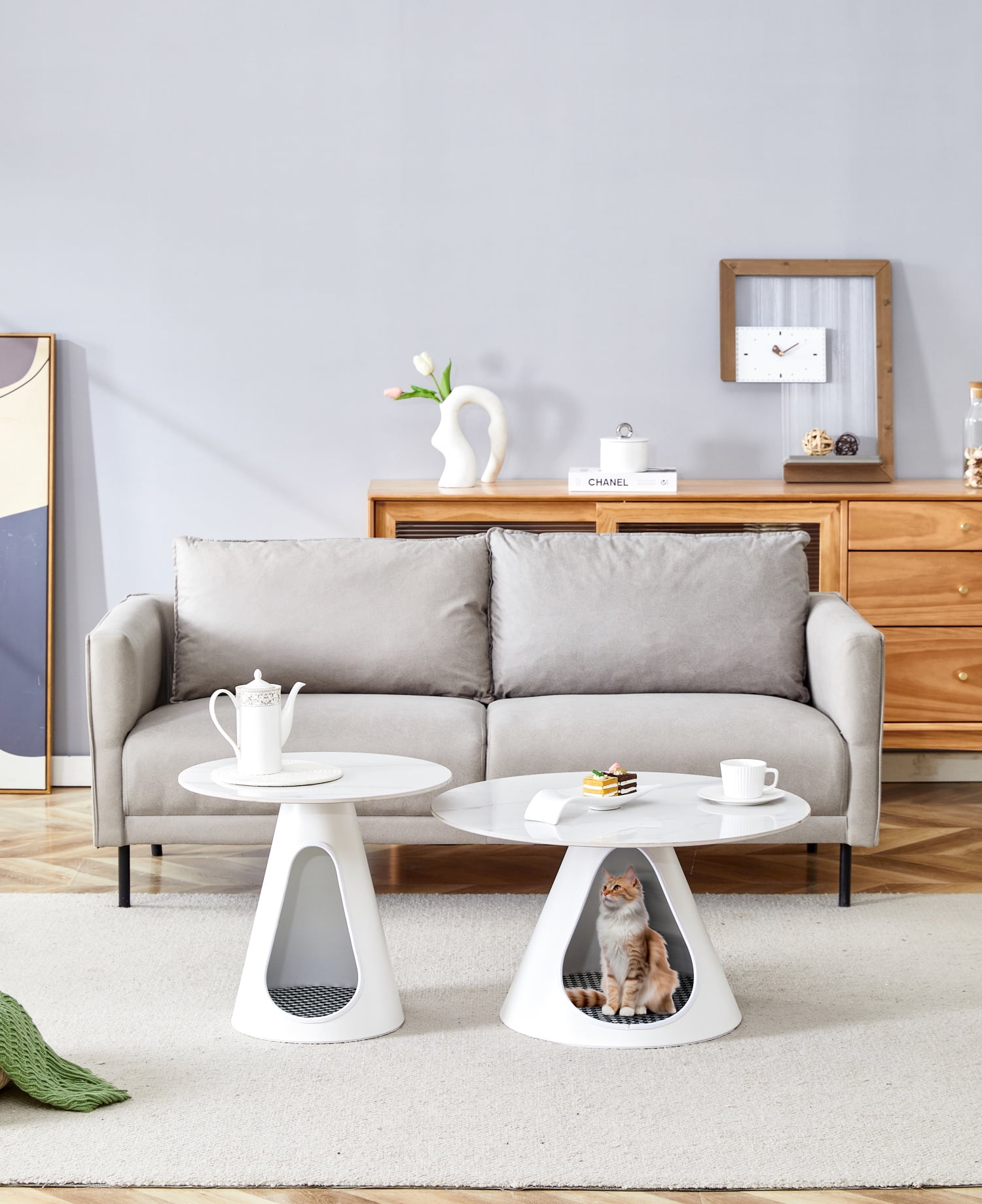 Set of 2 Coffee Round Tables with Cat Beds, Round Coffee Table with ...