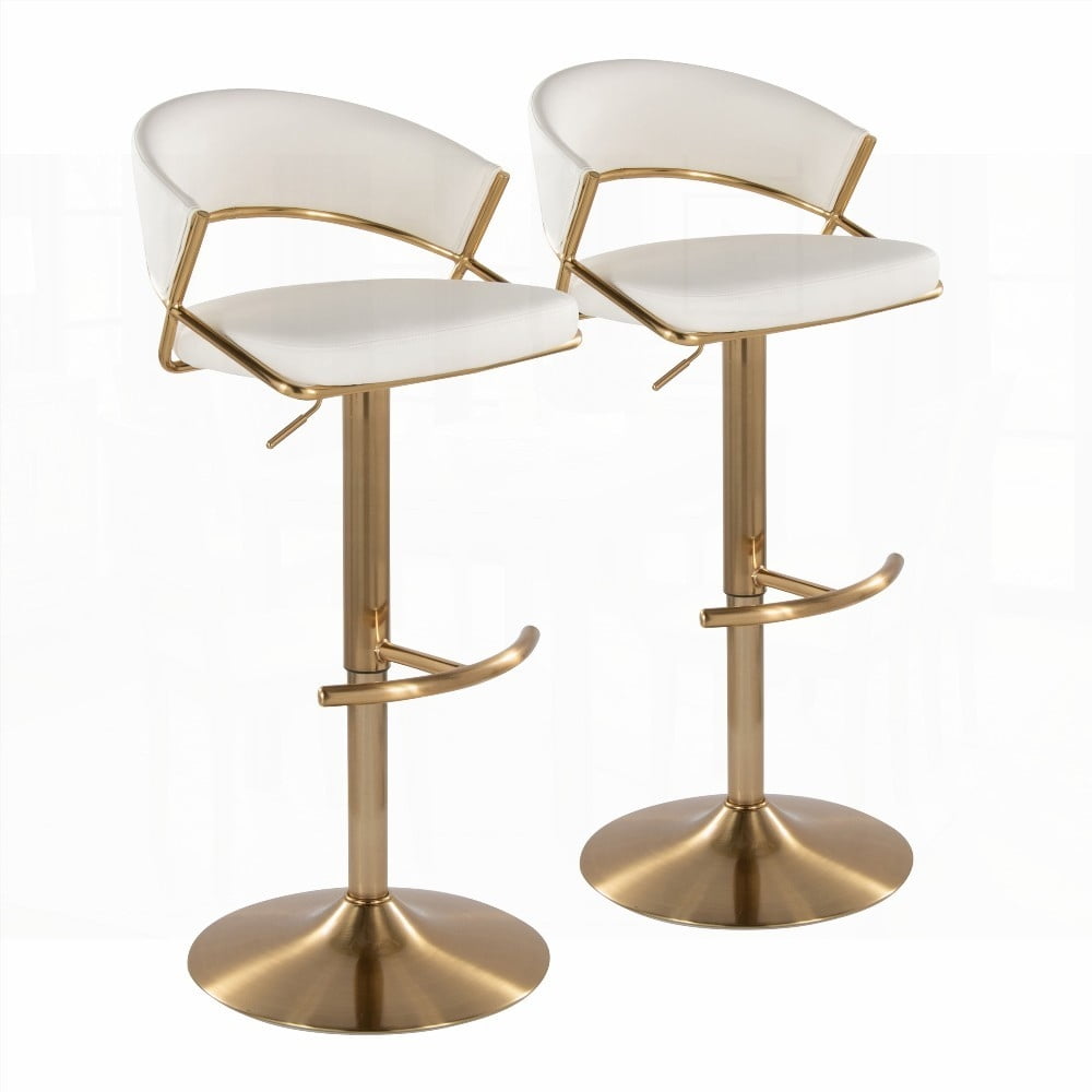 Set of 2 Contemporary Barstools - Gold Metal & White Faux Leather with ...