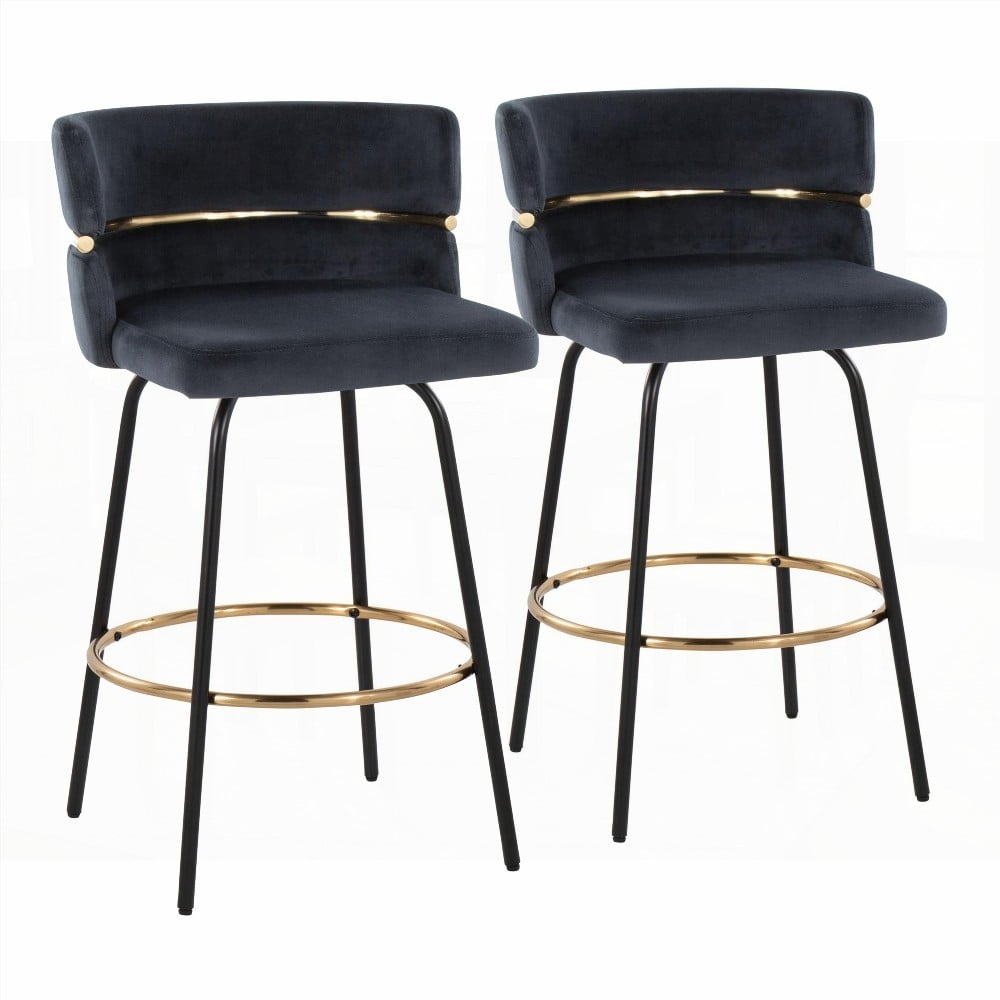 Set of 2 Contemporary Black Metal & Velvet Counter Stools with Gold ...