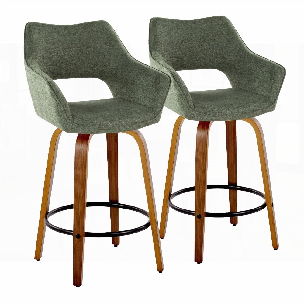 Set of 2 Contemporary Walnut Wood and Green Fabric Fixed-Height Counter ...