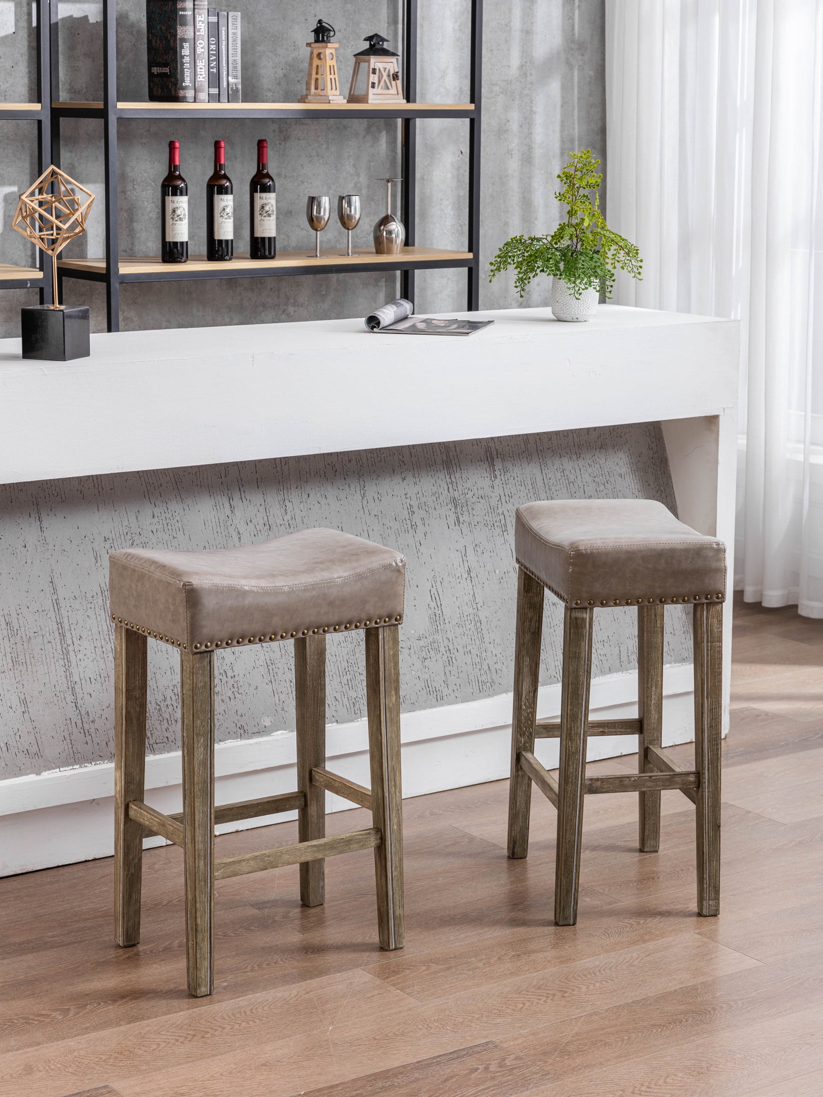 Set of 2, 29 inch Backless PU Leather Bar Stools, Wood Frame with Metal ...