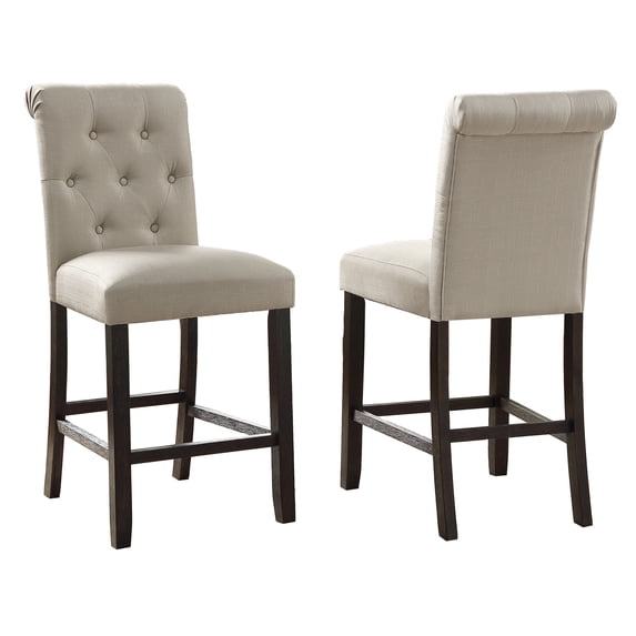 Set of 2 Counter Height Stools with Tufted Back and Espresso Legs, Tan ...