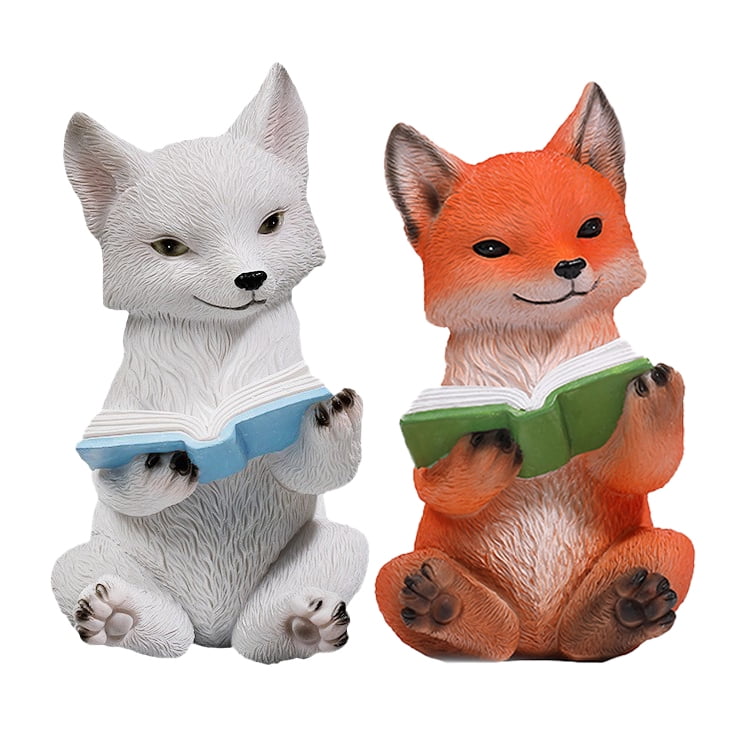 Set of 2 Cute Fox Figurines Animal Statue,Resin Sculpture Outdoor ...