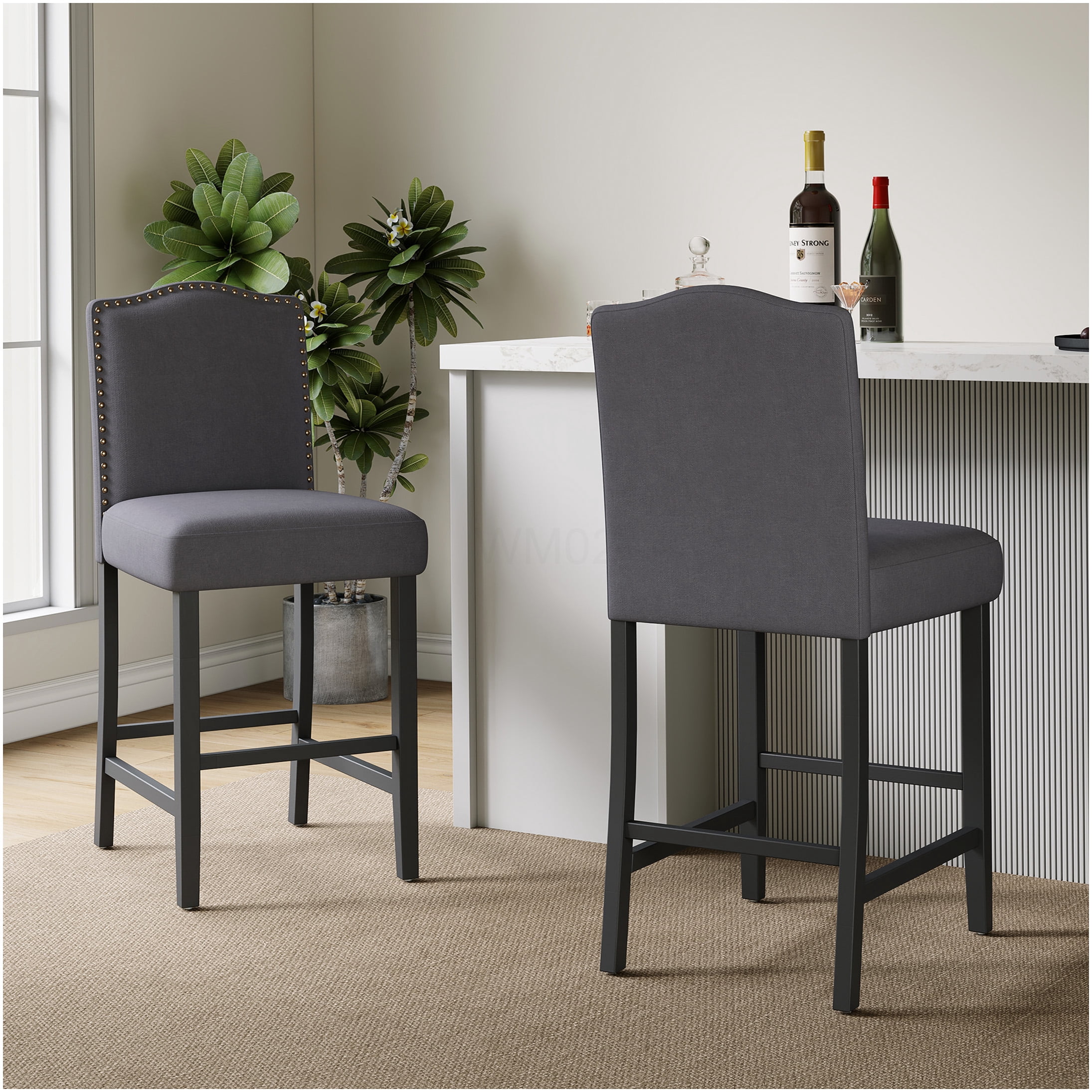 Set of 2 Dark Charcoal Fabric Counter Bar Stools with Walnut Legs and ...
