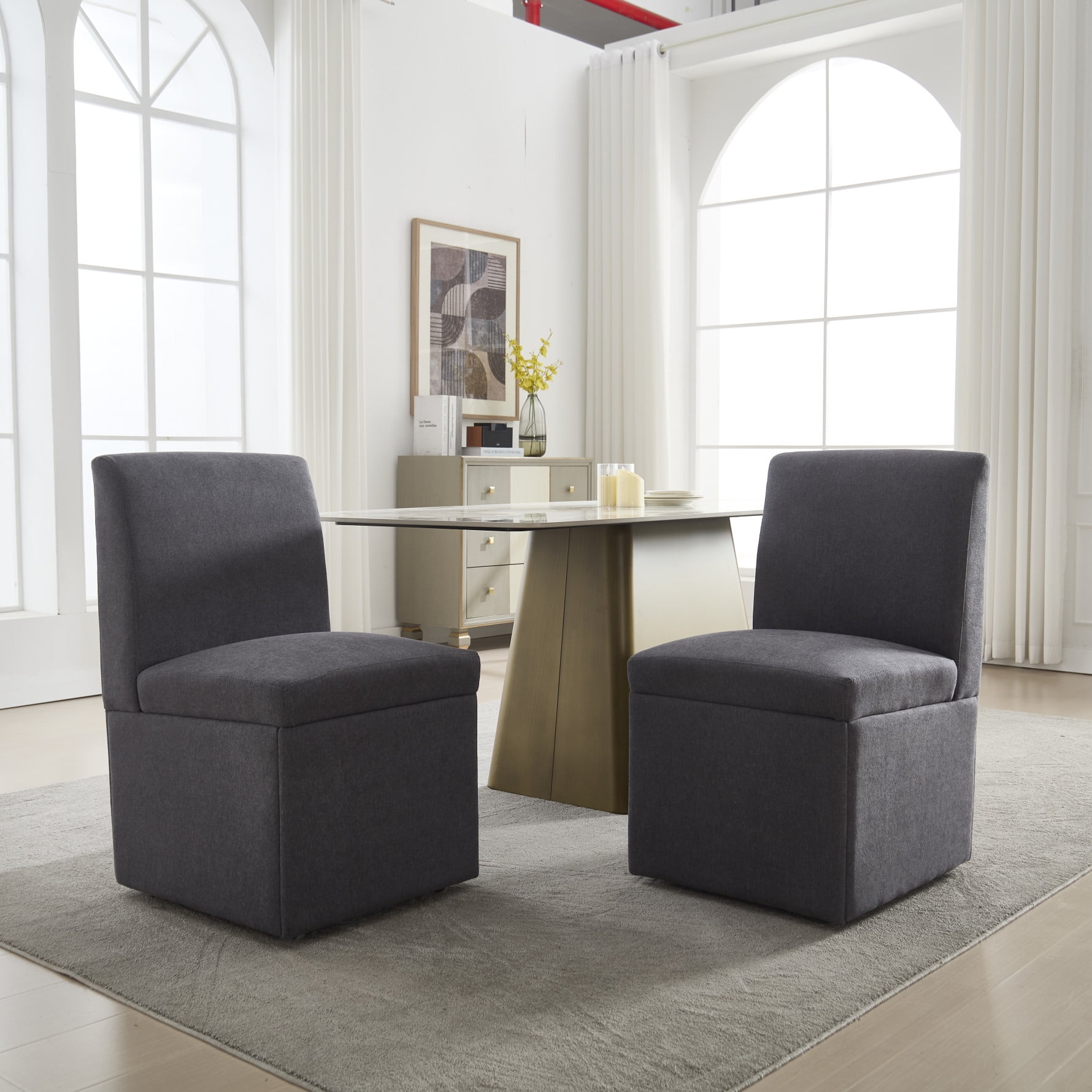 Set of 2 Dark Gray Linen Swivel Rolling Chairs with Hidden Storage and ...
