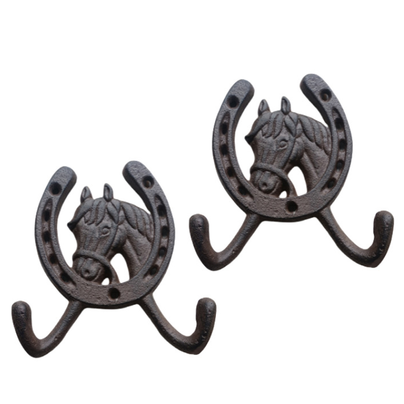 Set of 2 Decorative Horse Head Hangers Cast Iron Horseshoe Double Hooks ...