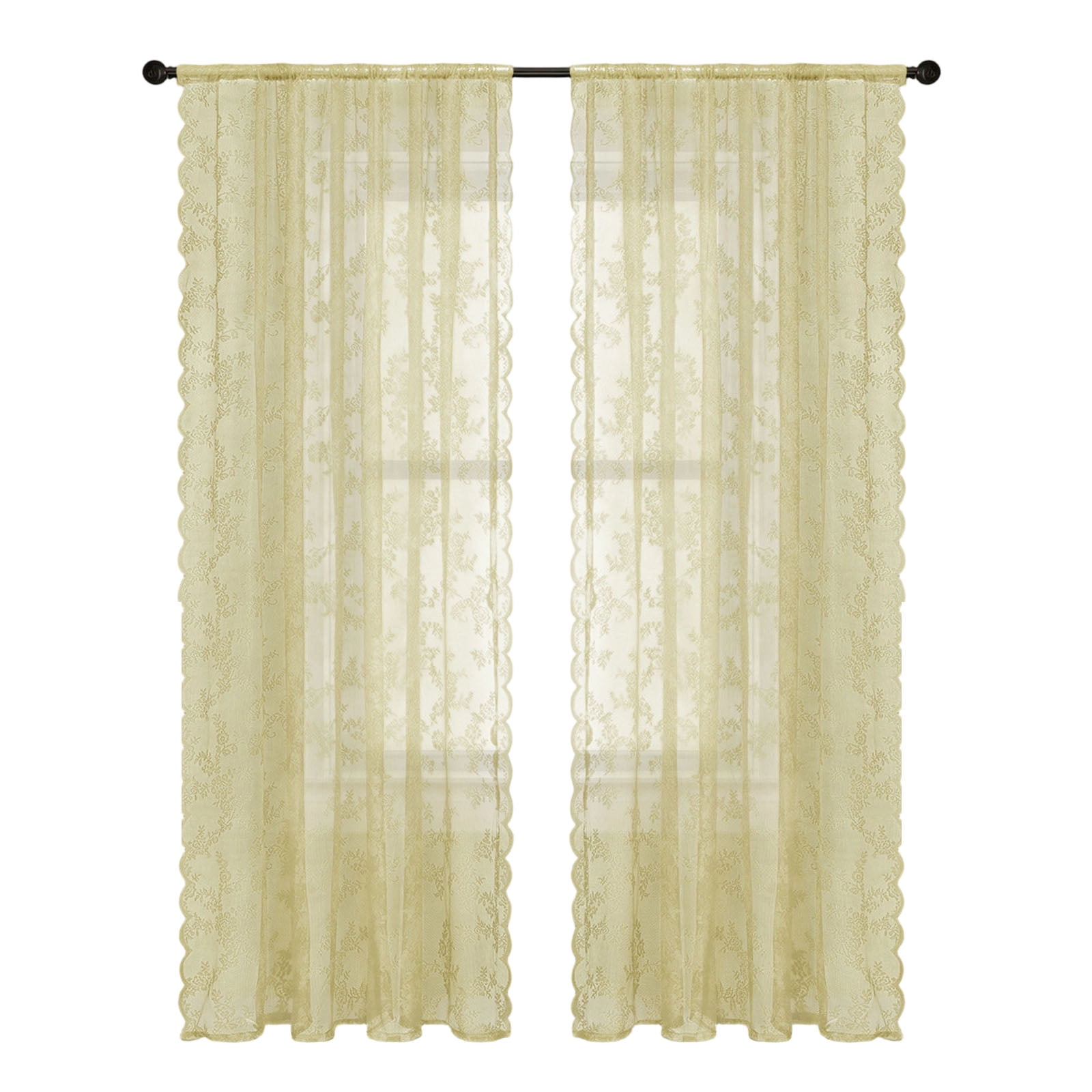 Set of 2 Decorative Sheer Fabric Panel Rod Pocket Scalloped Edges ...