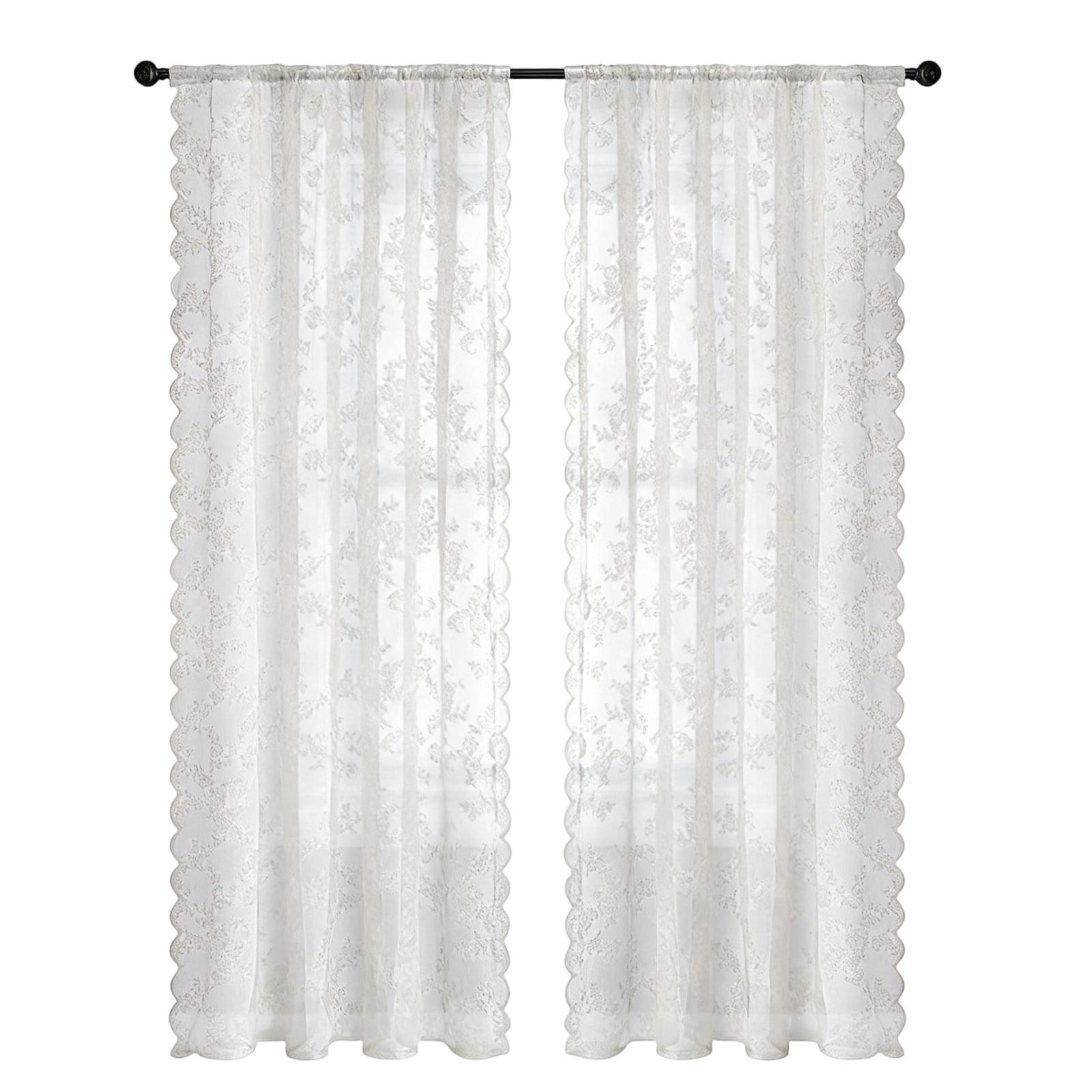 Set of 2 Decorative Sheer Fabric Panel Rod Pocket Scalloped Edges ...