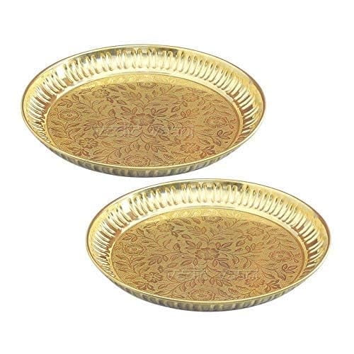 Set of 2 Decorative small Brass Thali Plate Indian Brass Thali Prasad ...