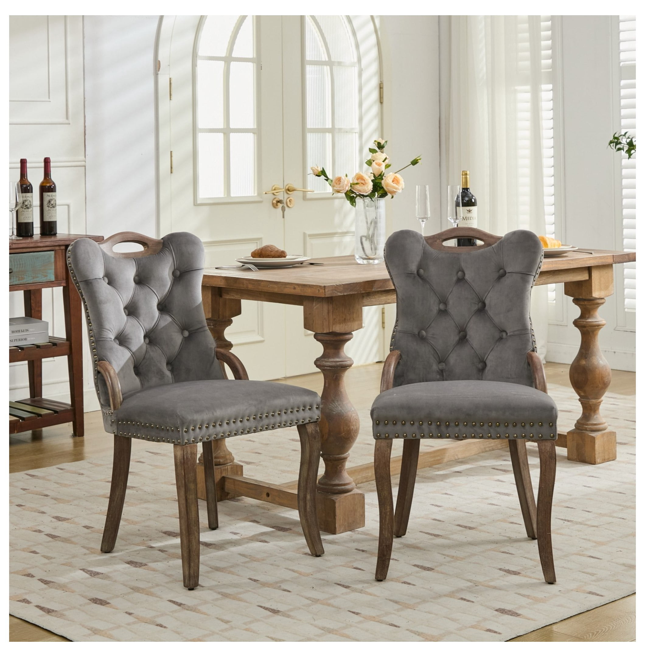 Set of 2 Dining Chairs, Gray Fabric Tufted Parsons Chairs with Solid ...
