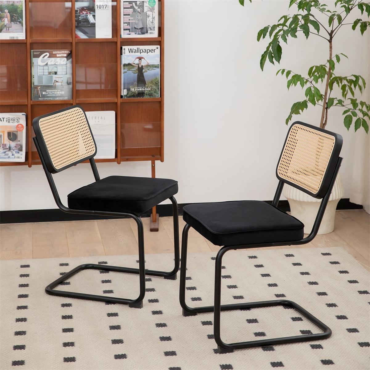 Set of 2 Dining Chairs, Velvet Rattan Side Accent Chairs with Metal ...
