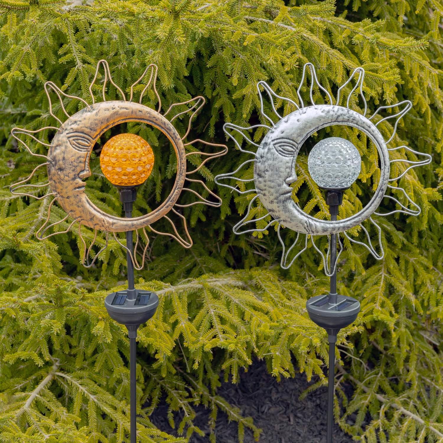 Set of 2 Dual Sun & Moon Solar Spinning LED Garden Stakes in Gold ...