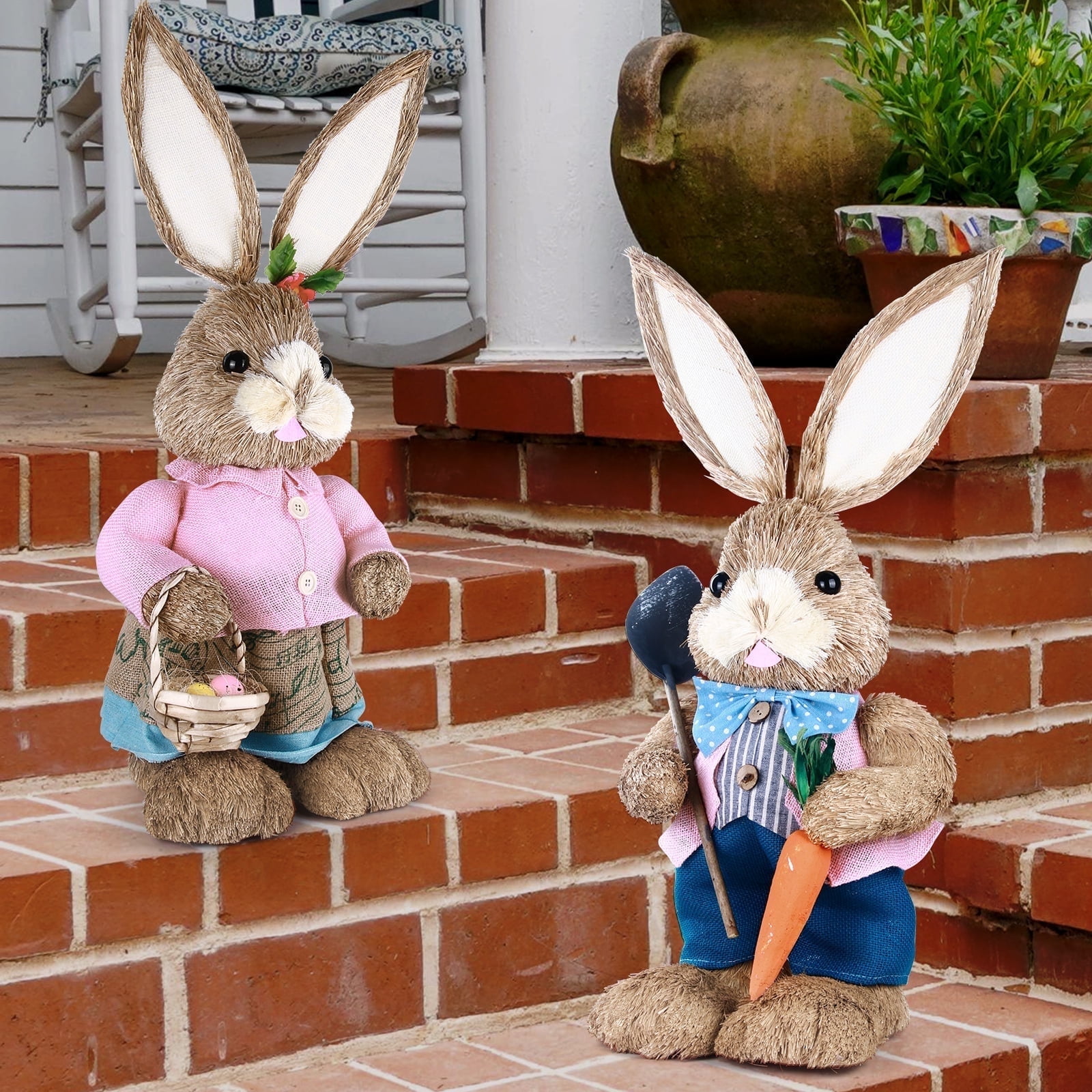 Set of 2 Easter Rabbits Decorations for Home- 25" Sisal Bunny Figurines ...