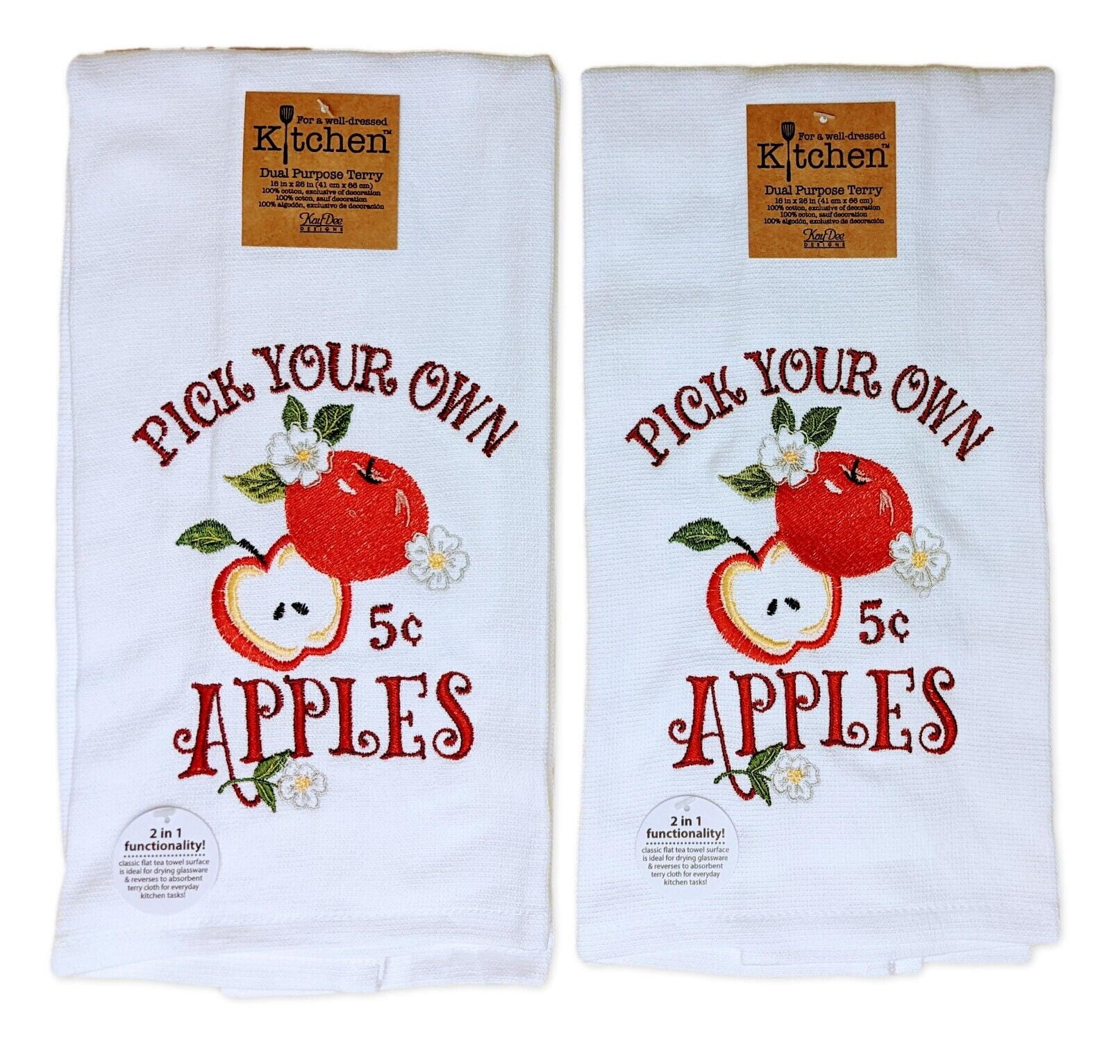 Set of 2 Embroidered APPLE ORCHARD Terry Kitchen Towels by Kay Dee Designs