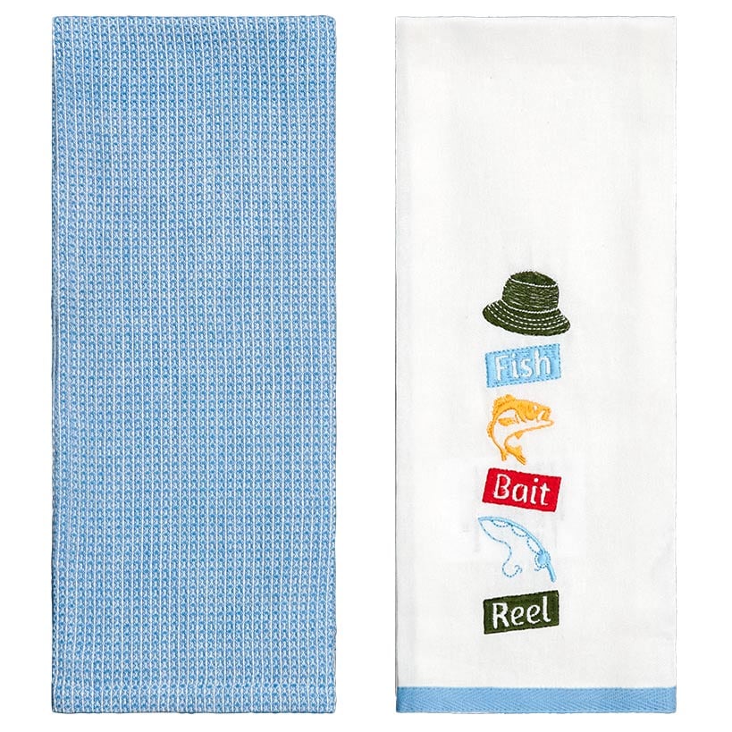 Set of 2 Embroidered Gone Fishing Kitchen Towels - Fish Bait Reel ...