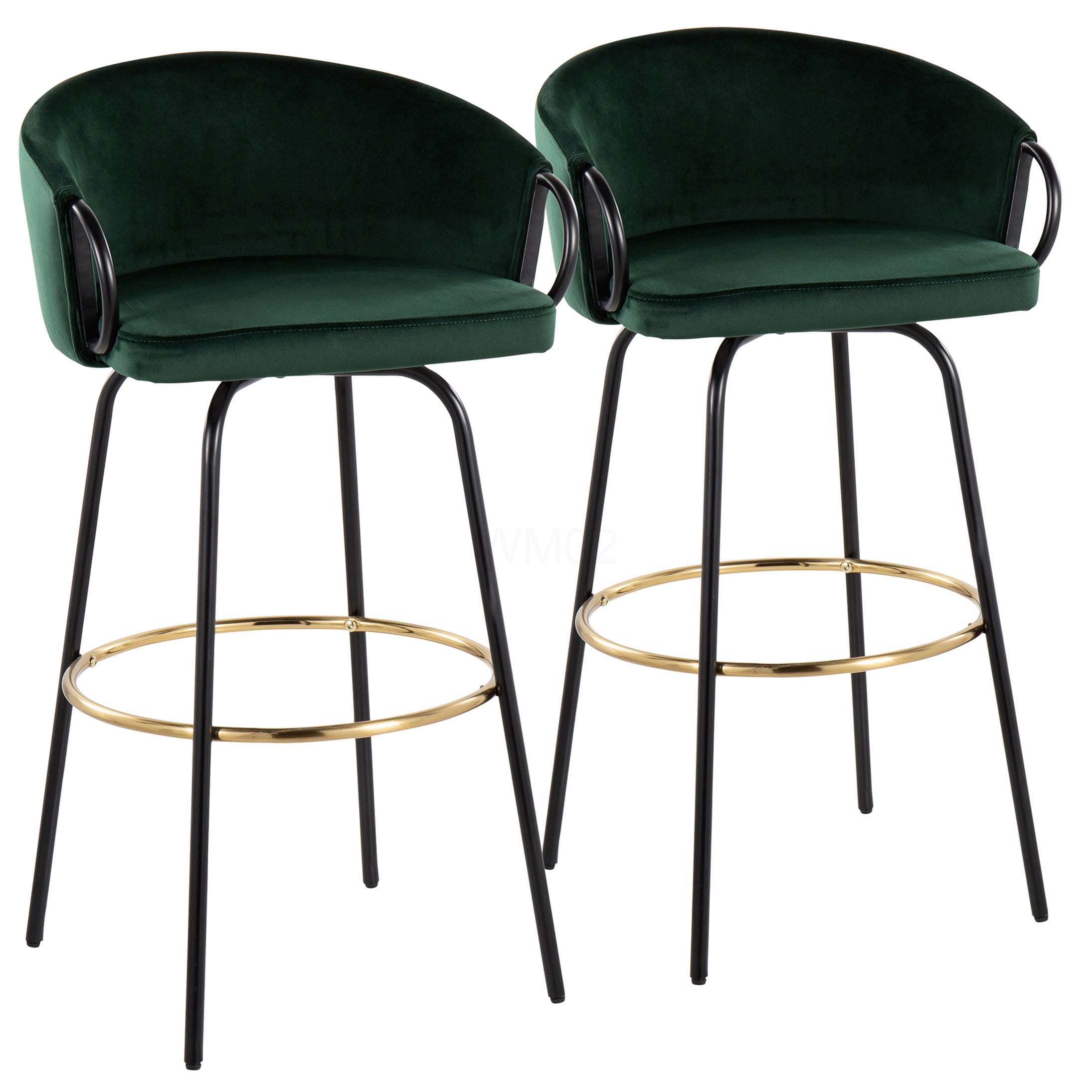 Set of 2 Emerald Green Velvet Bar Stools with Gold Footrest, Modern ...