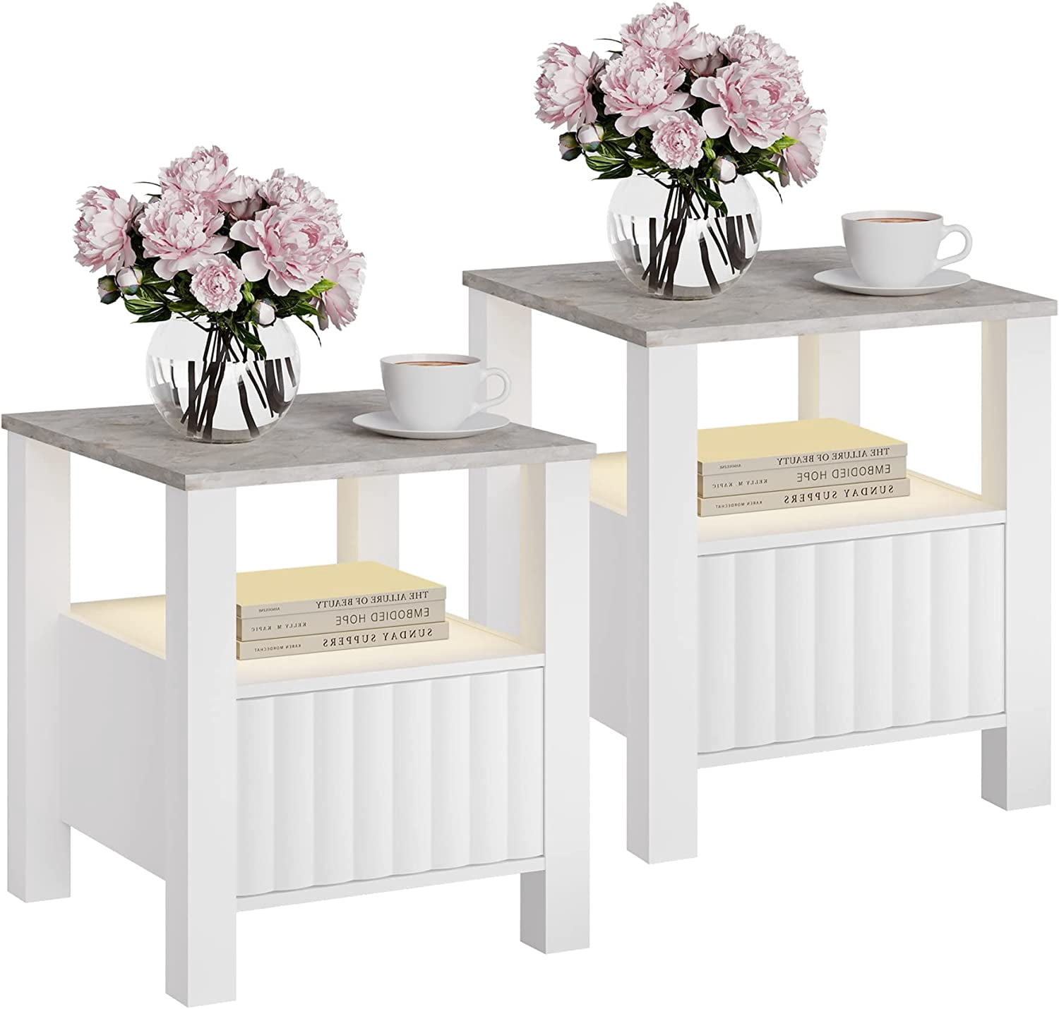 Set of 2 End Tables for Living Room, Modern Small Side Table with LED ...