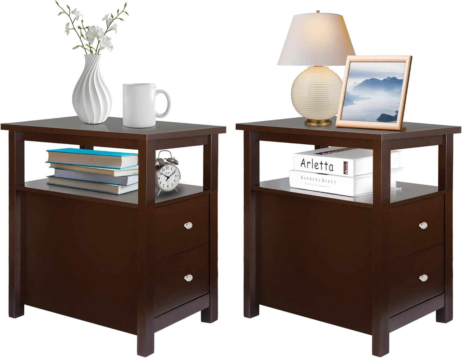 Set of 2 End Tables with 2 Drawers and Storage Shelf, 3 Tier Narrow ...