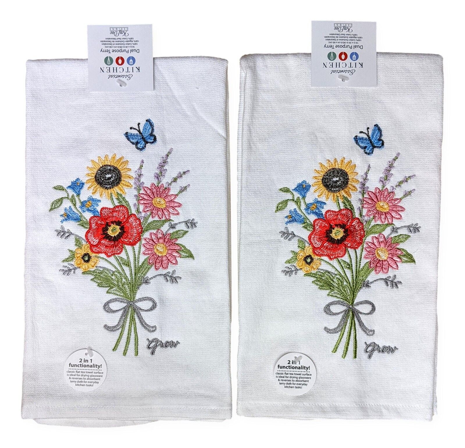 Set of 2 FLOWER MARKET Embroidered Terry Kitchen Towels by Kay Dee ...