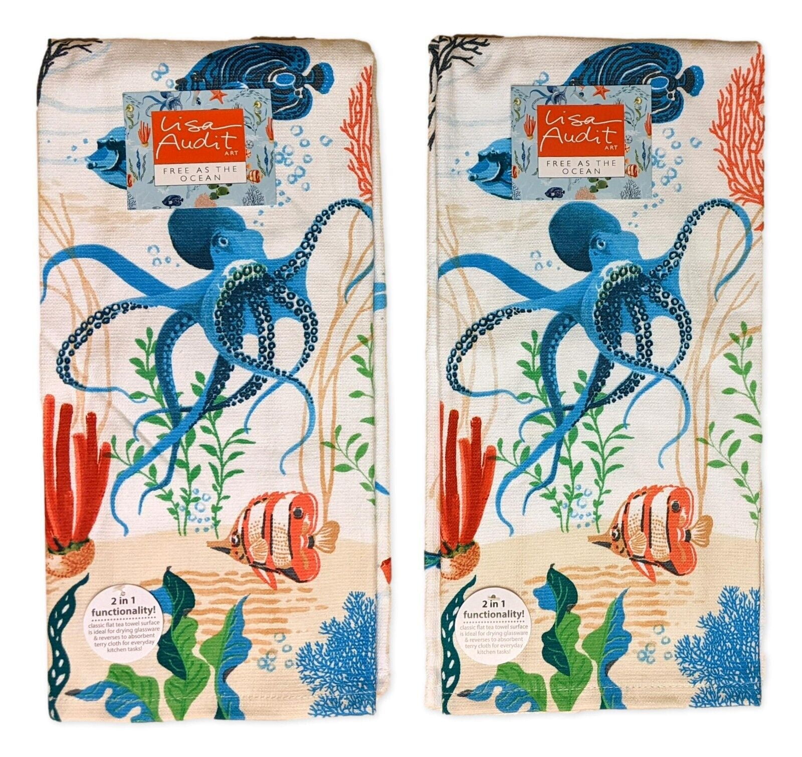 Set of 2 FREE AS THE OCEAN Octopus Terry Kitchen Towels by Kay Dee ...
