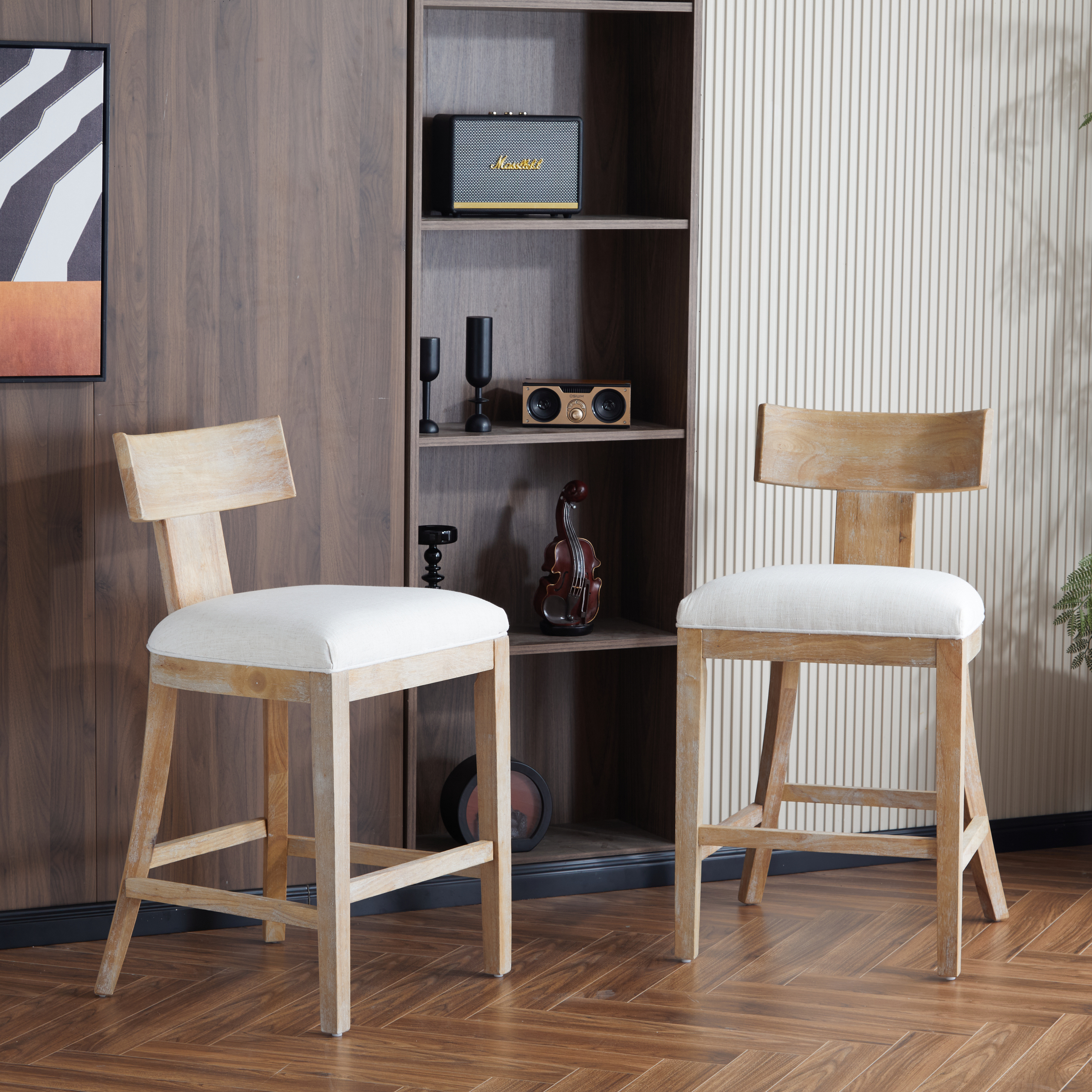 Set of 2 Farmhouse Counter Stools, 27 Inch Upholstered Bar Stool with ...