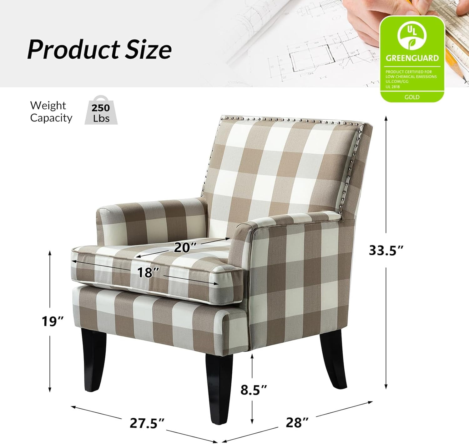 Set of 2 Farmhouse High Back Wing Chair with Wooden Legs & Nail Head ...