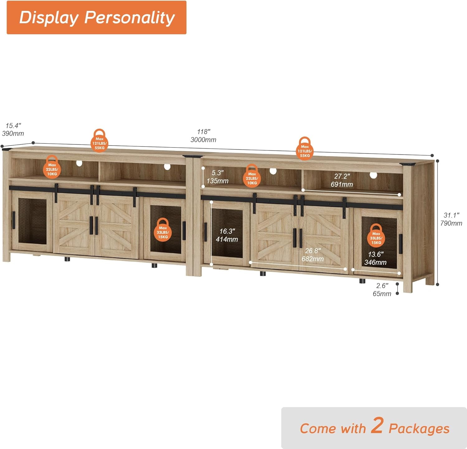 Set of 2 Farmhouse TV Stands with Mesh & Barn for 100+ Inch TVs, Light ...