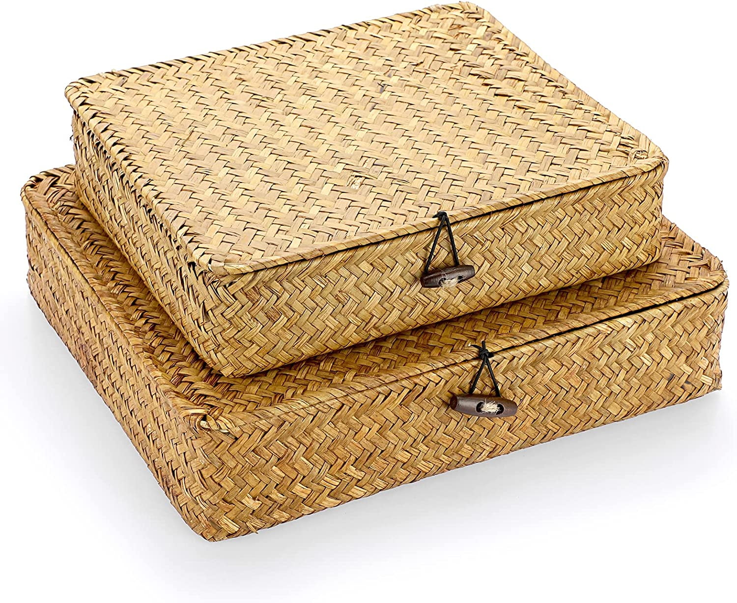 Set of 2 Flat Woven Wicker Storage Bins with Lid Natural Seagrass ...