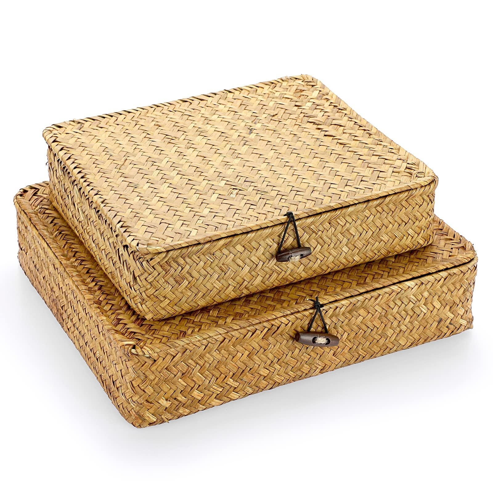 Set of 2 Flat Woven Wicker Storage Bins with Lid Natural Seagrass ...