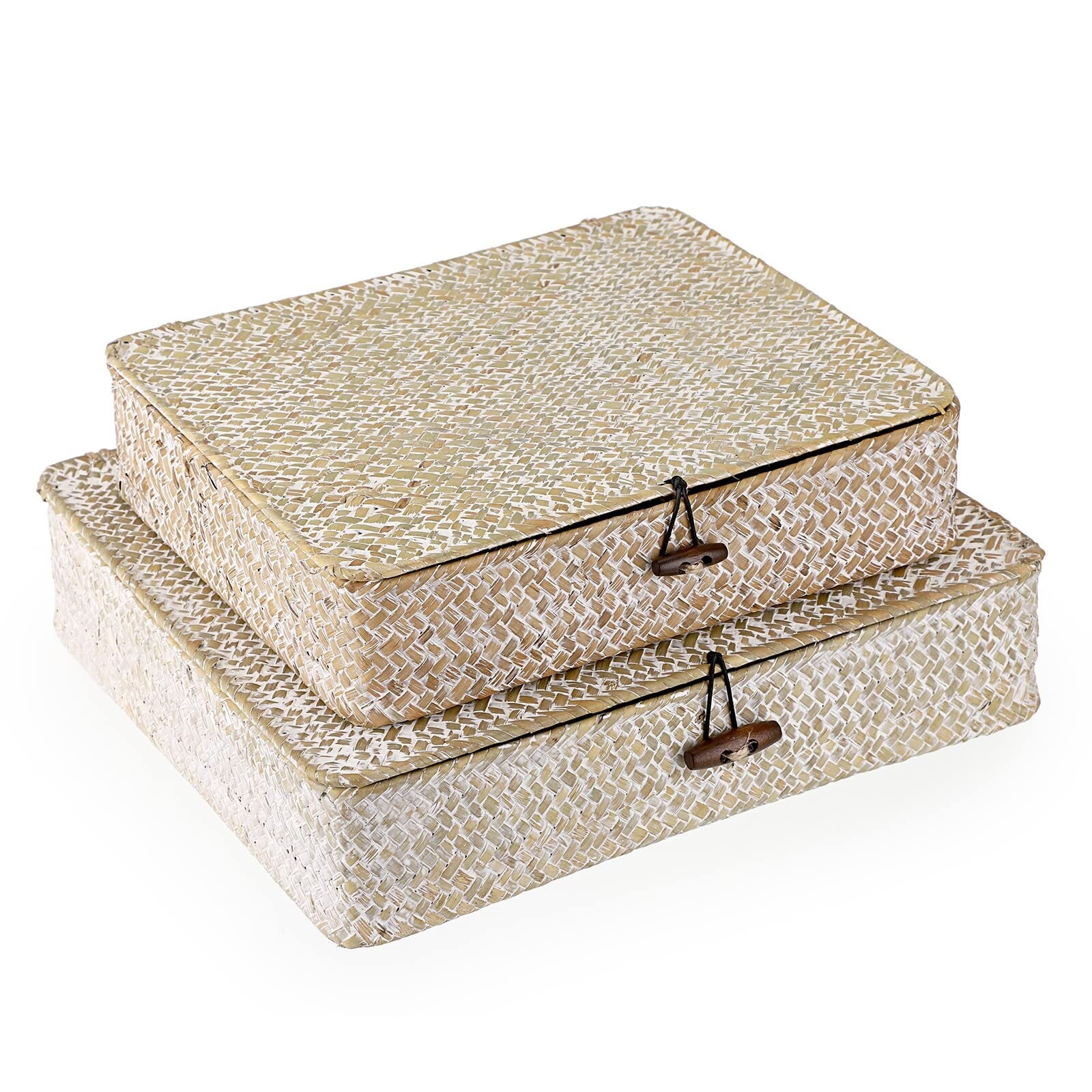Set of 2 Flat Woven Wicker Storage Bins with Lid Natural Seagrass ...