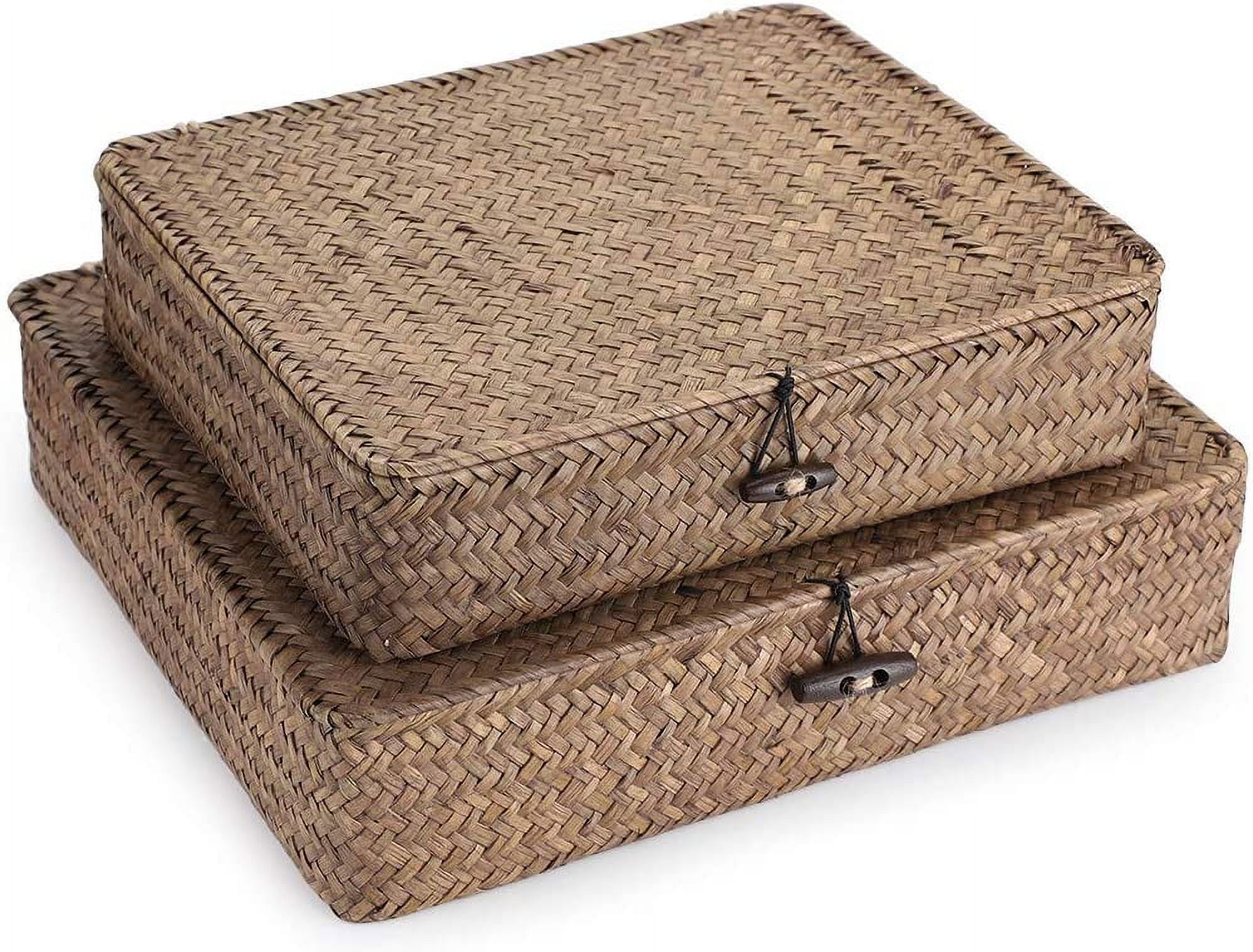 Set of 2 Flat Woven Wicker Storage Bins with Lid Natural Seagrass ...