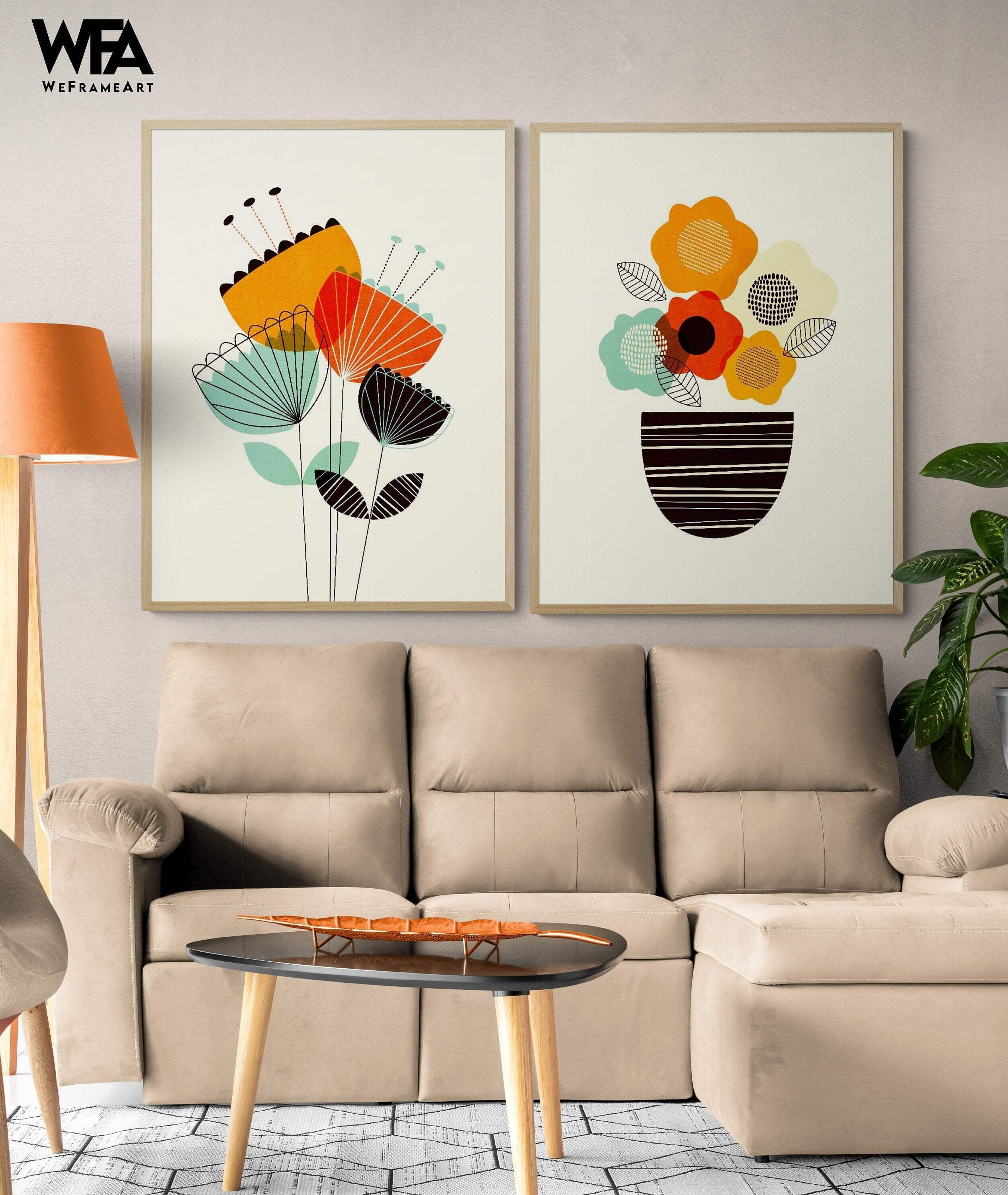 Set of 2 Floral Wall Prints, Framed Botanical Painting Prints, Natural ...
