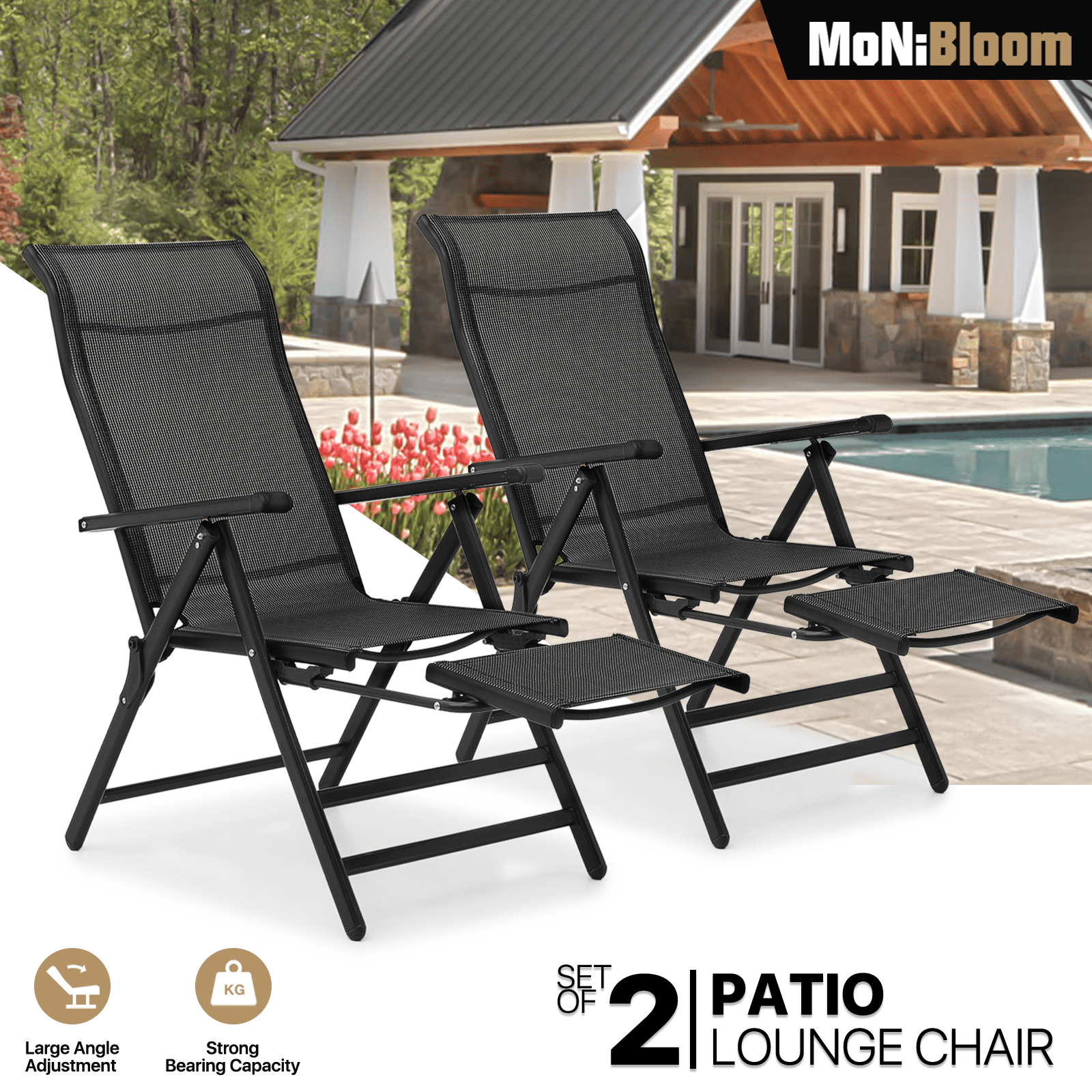 Set of 2 Folding Sling Chair[RETRACTABLE FOOTREST]Patio Reclinable ...